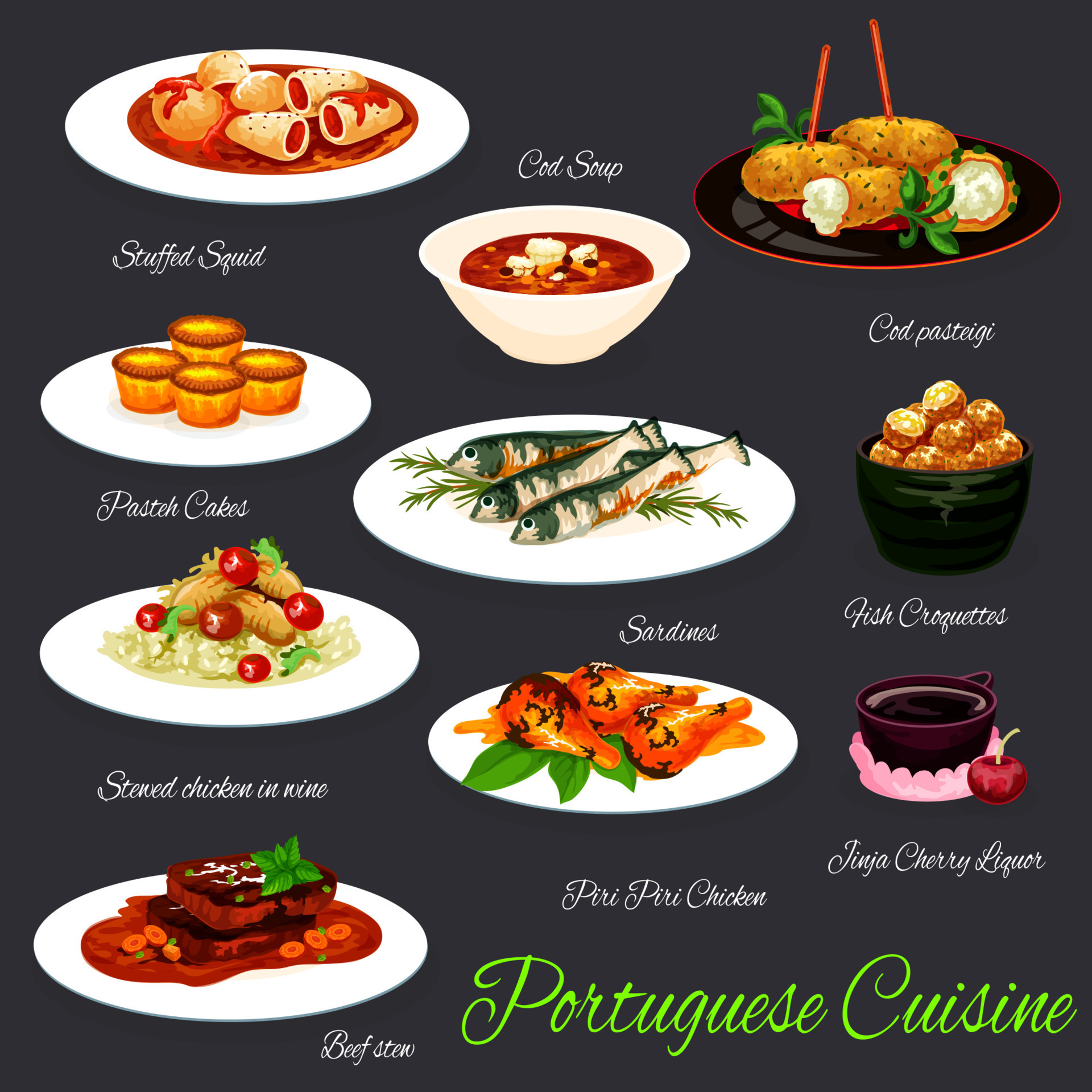Portuguese fish and meat dishes with custard tart 17274990 Vector Art ...