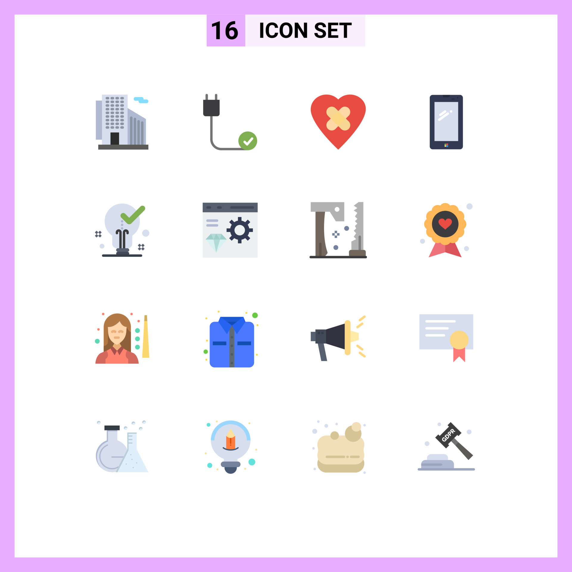 16 User Interface Flat Color Pack Of Modern Signs And Symbols Of Bulb Android Hardware Mobile