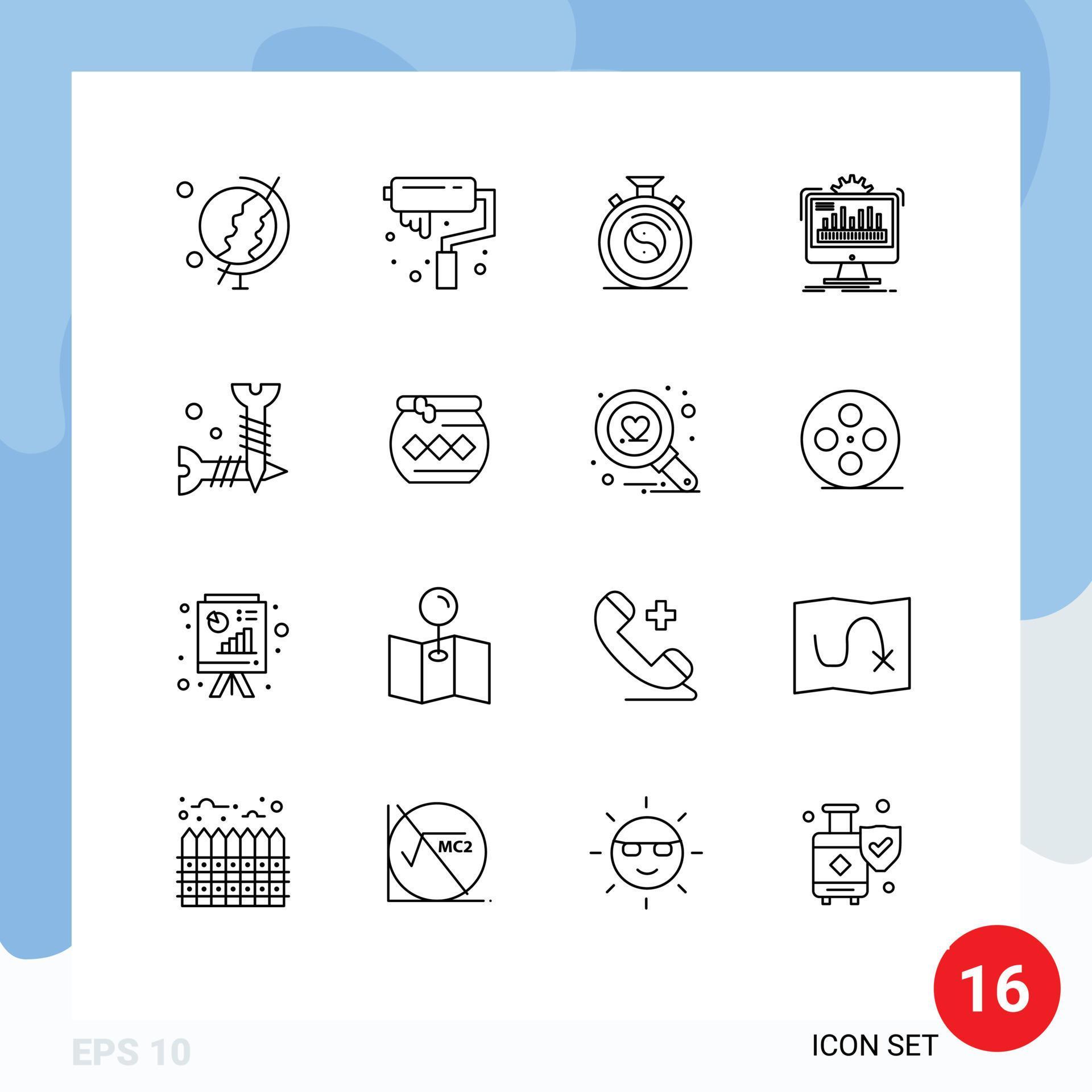 Pictogram Set of 16 Simple Outlines of diy processing concentration monitoring admin Editable ...