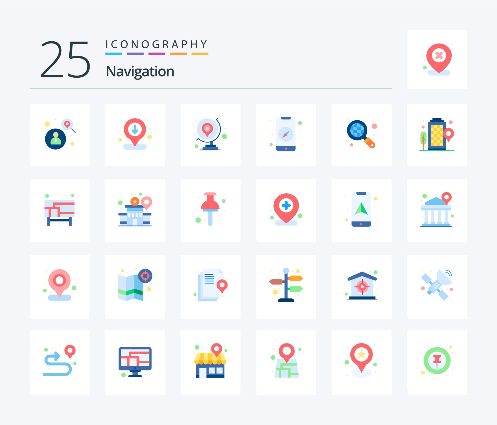 Navigation 25 Flat Color icon pack including internet. mobile. globe ...