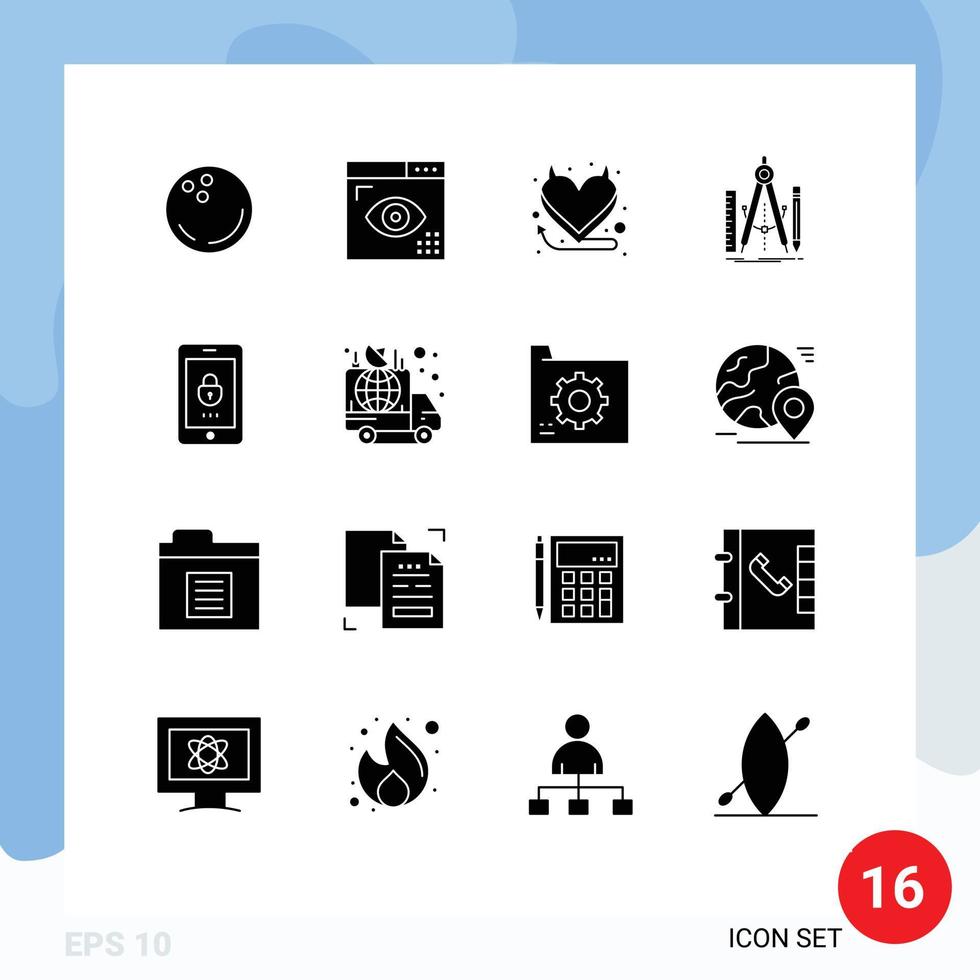 Modern Set of 16 Solid Glyphs Pictograph of encryption math programing geometry build Editable ...
