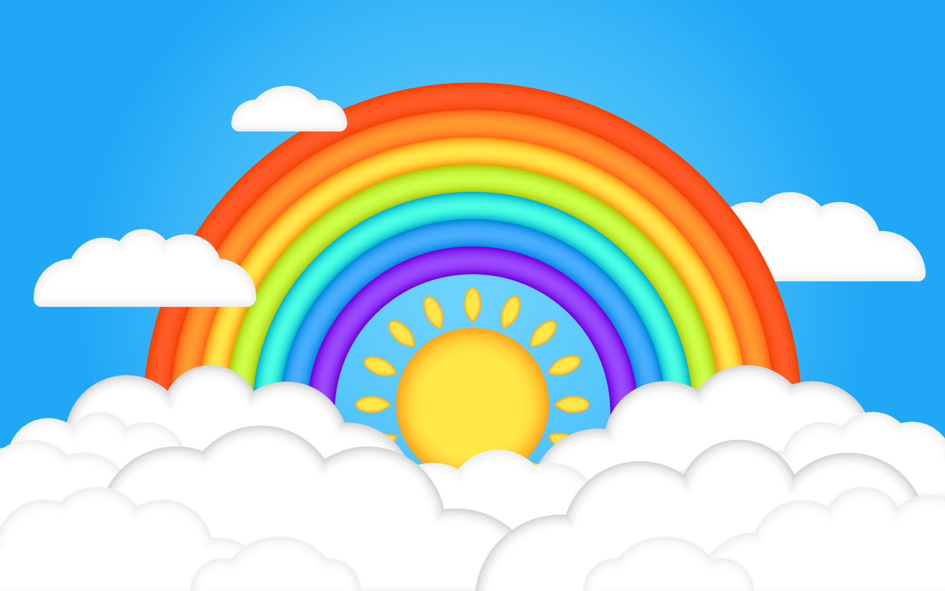 Beautiful summer 3d clouds in blue sky with realistic 3d rainbow and sun. Children vector ...