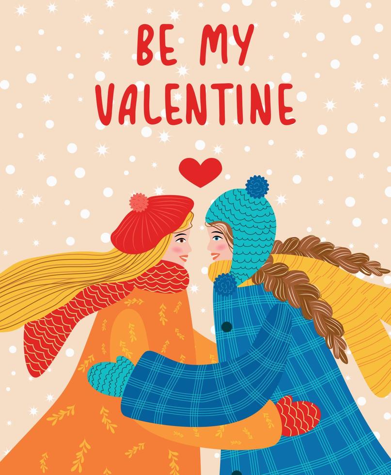 Flat Hand Drawn Valentines Day Greeting Card Loving Couple Of Young
