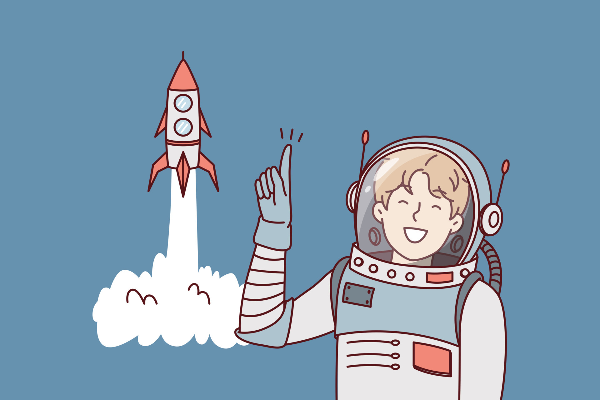Man in astronaut clothes points finger up standing near spaceship ...