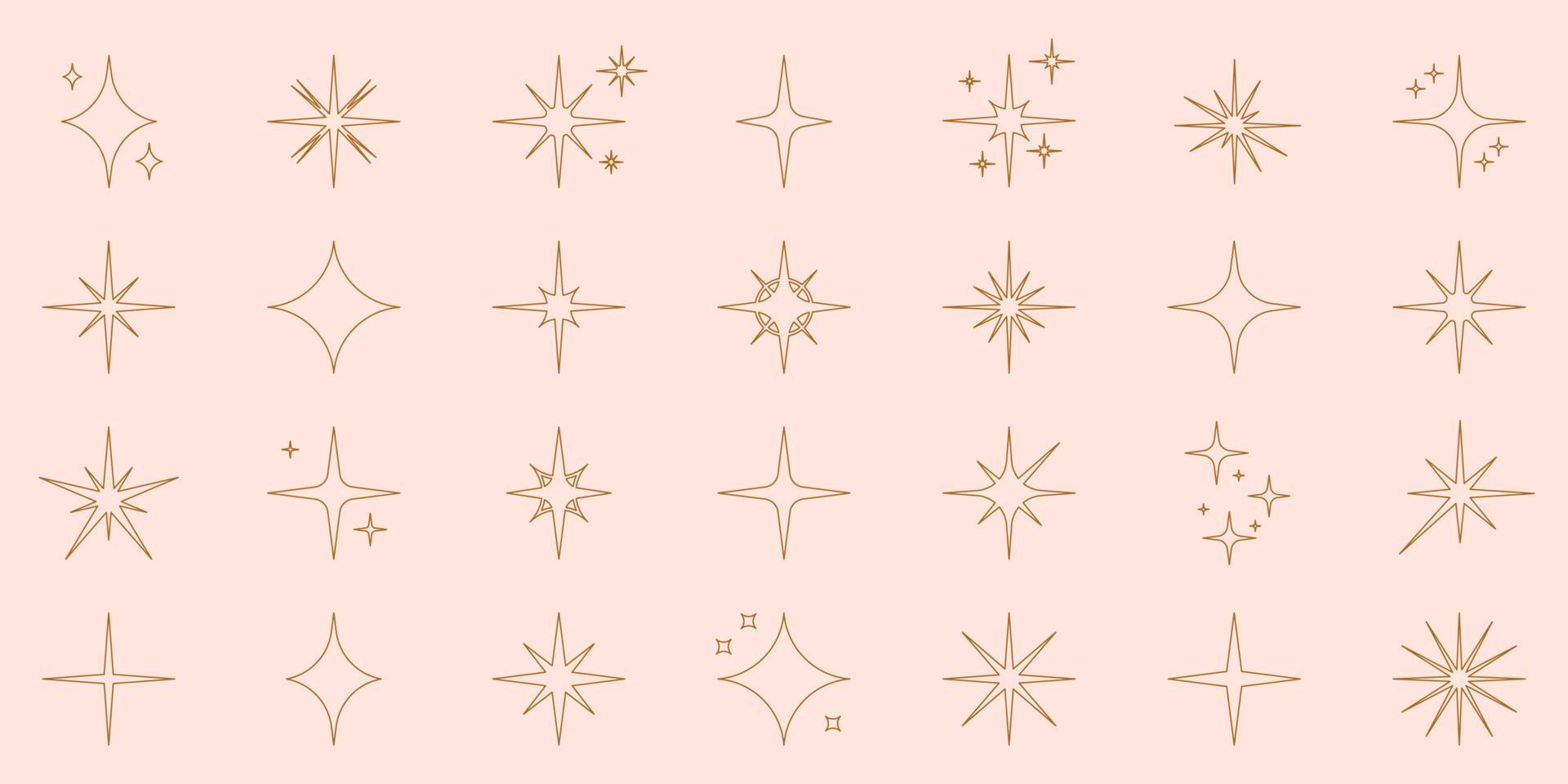 Sparkle Star Line Icon Set. Glow Spark Flash Stars Black Outline Collection. Shine Burst Magic ...
