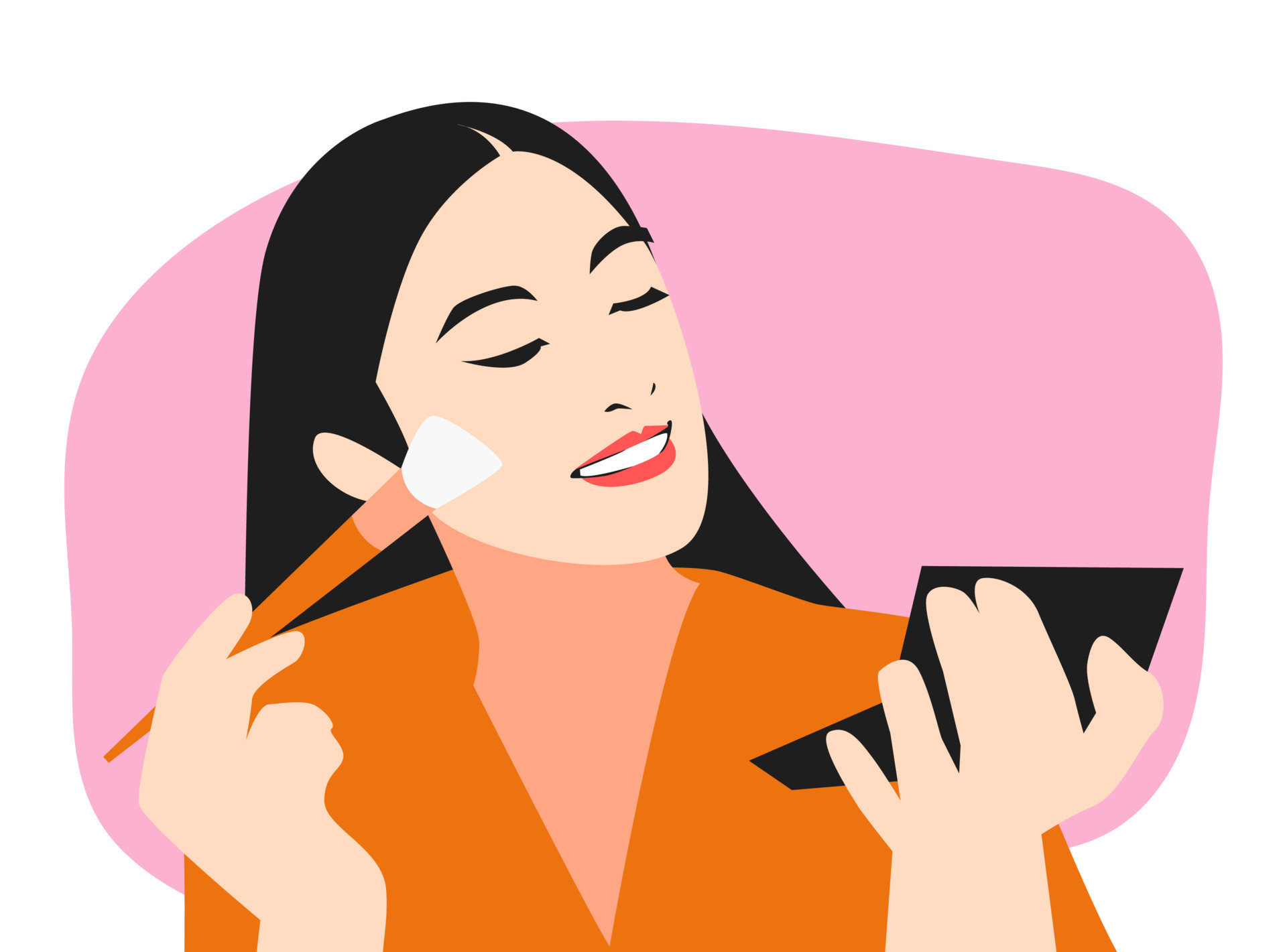 Beautiful Girl Applying Make Up To Her Face Holding A Brush Cosmetics