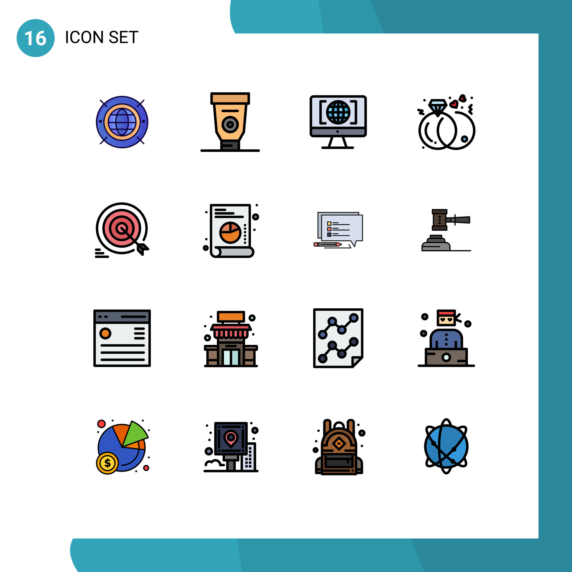 16 User Interface Flat Color Filled Line Pack Of Modern Signs And Symbols Of Goal Rings Computer