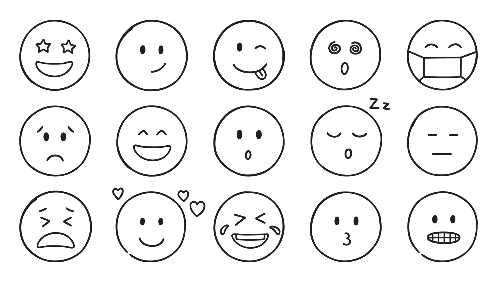 Emoji Doodle Icons Set Of Happy Sad Smiling Faces Funny Emoticons In Sketch Style Hand