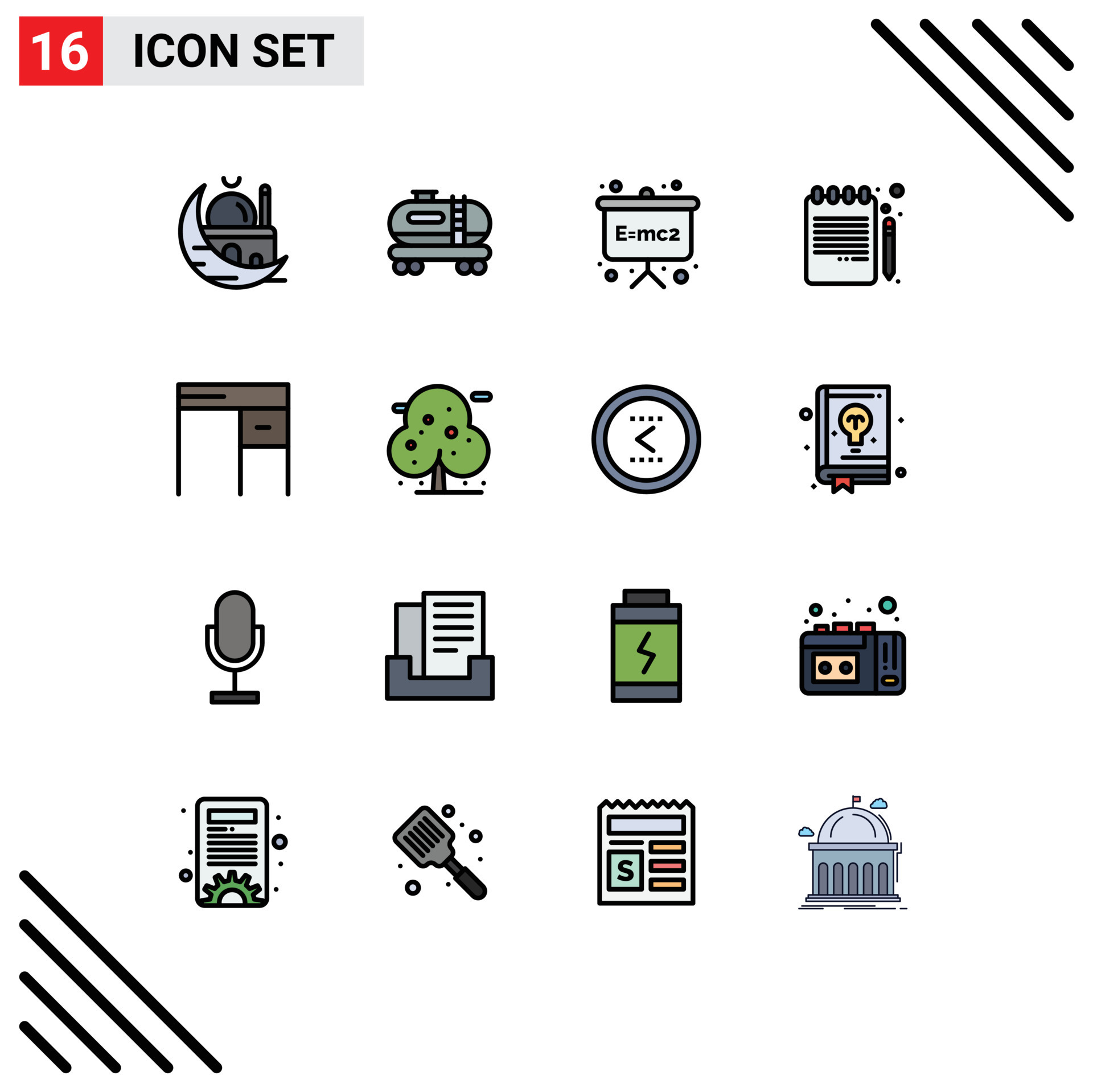 User Interface Pack Of 16 Basic Flat Color Filled Lines Of Furniture Notebook Board Education