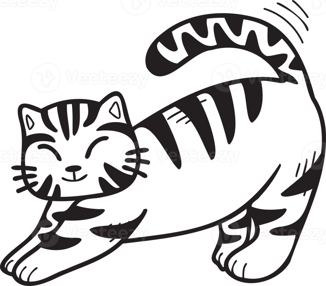 Hand Drawn Striped Cat Stretching Illustration In Doodle Style 17303220 Png