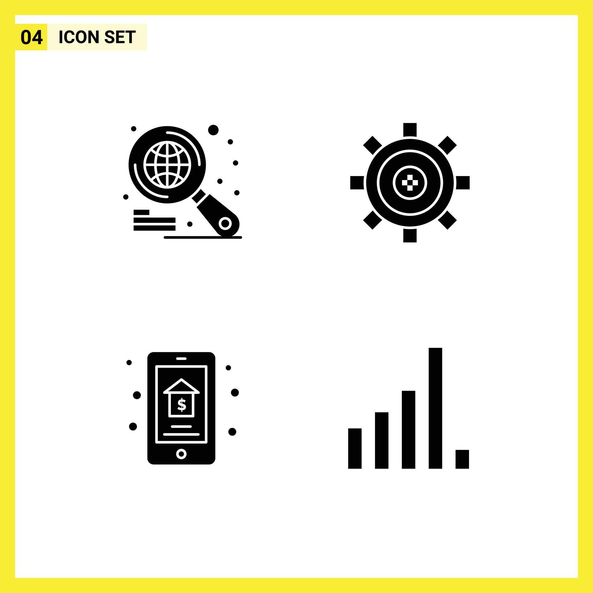 Set Of 4 Vector Solid Glyphs On Grid For Globe Auction Coding Gear Property Editable Vector