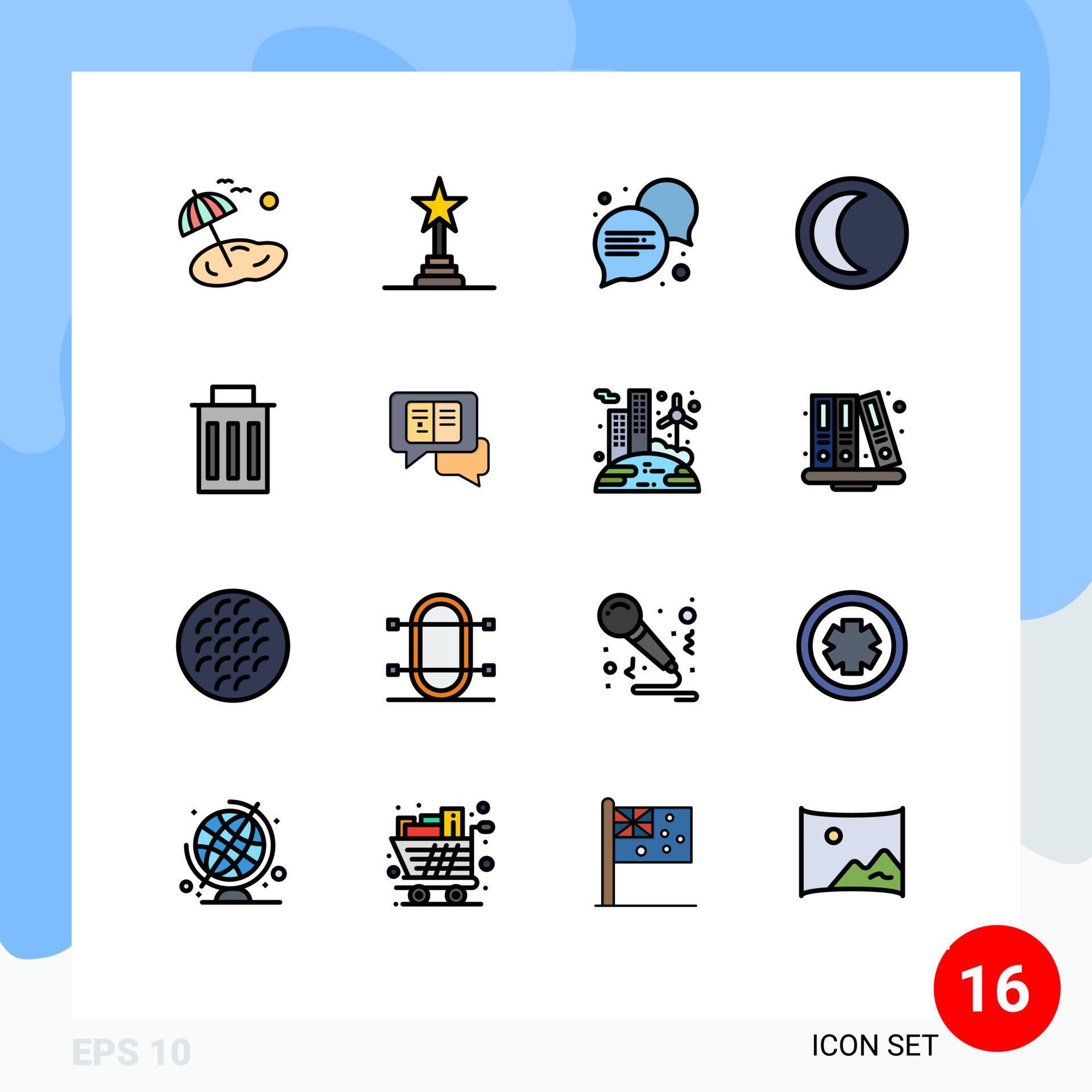 Mobile Interface Flat Color Filled Line Set Of 16 Pictograms Of Trash Delete Communication