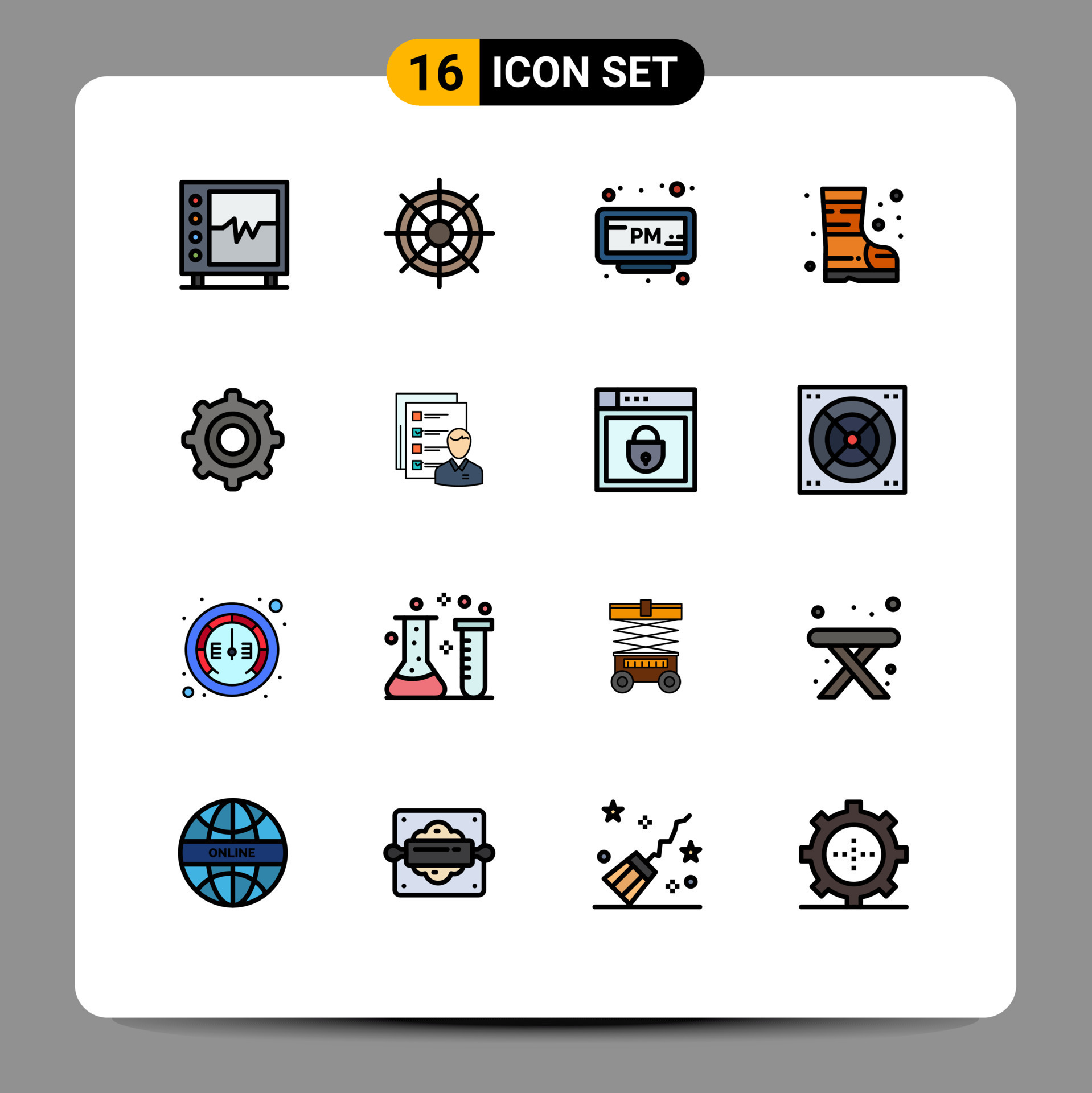 16 Universal Flat Color Filled Lines Set For Web And Mobile Applications Setting Safety Wheel