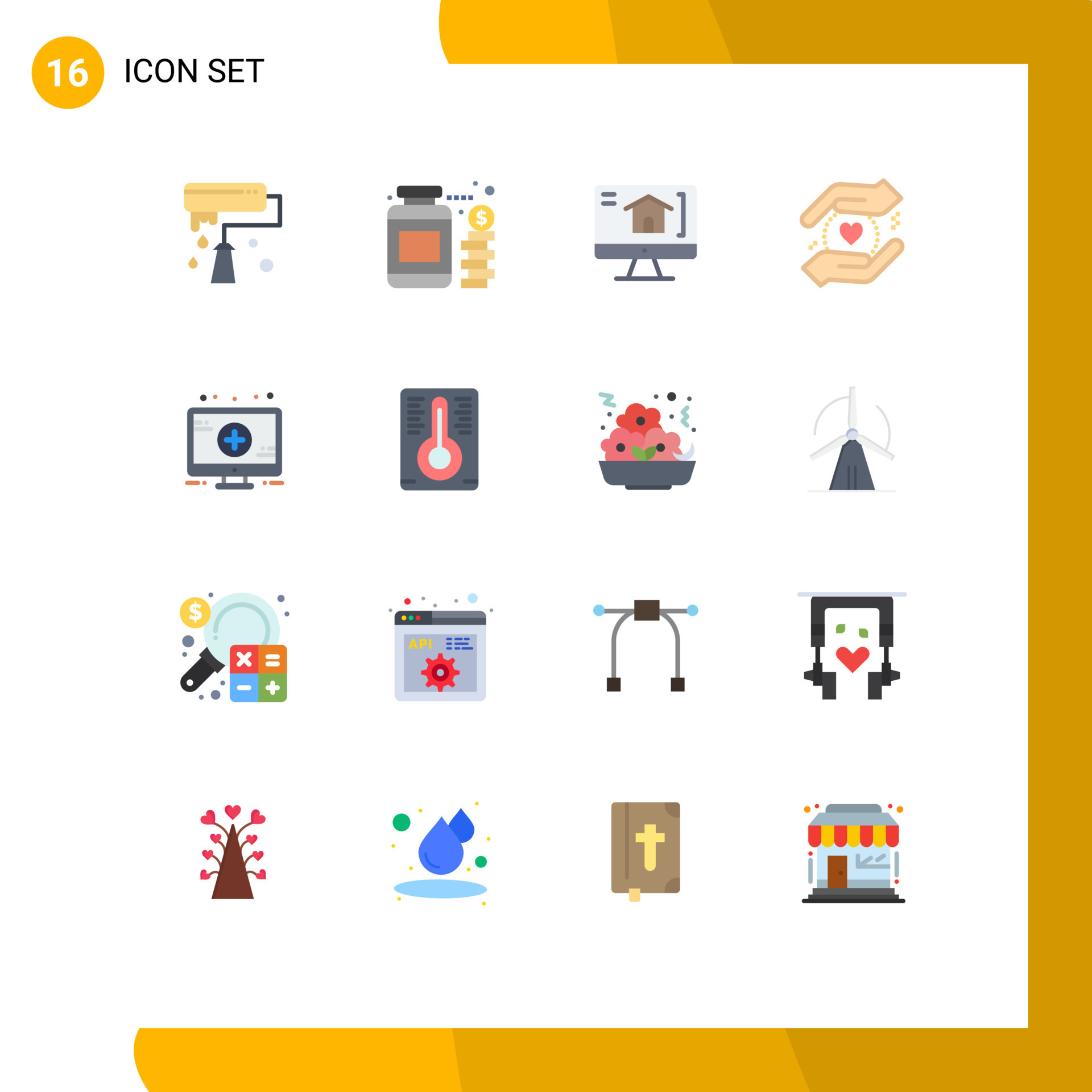 Editable Vector Line Pack Of 16 Simple Flat Colors Of Temperature Monitor Computer Medical Safe