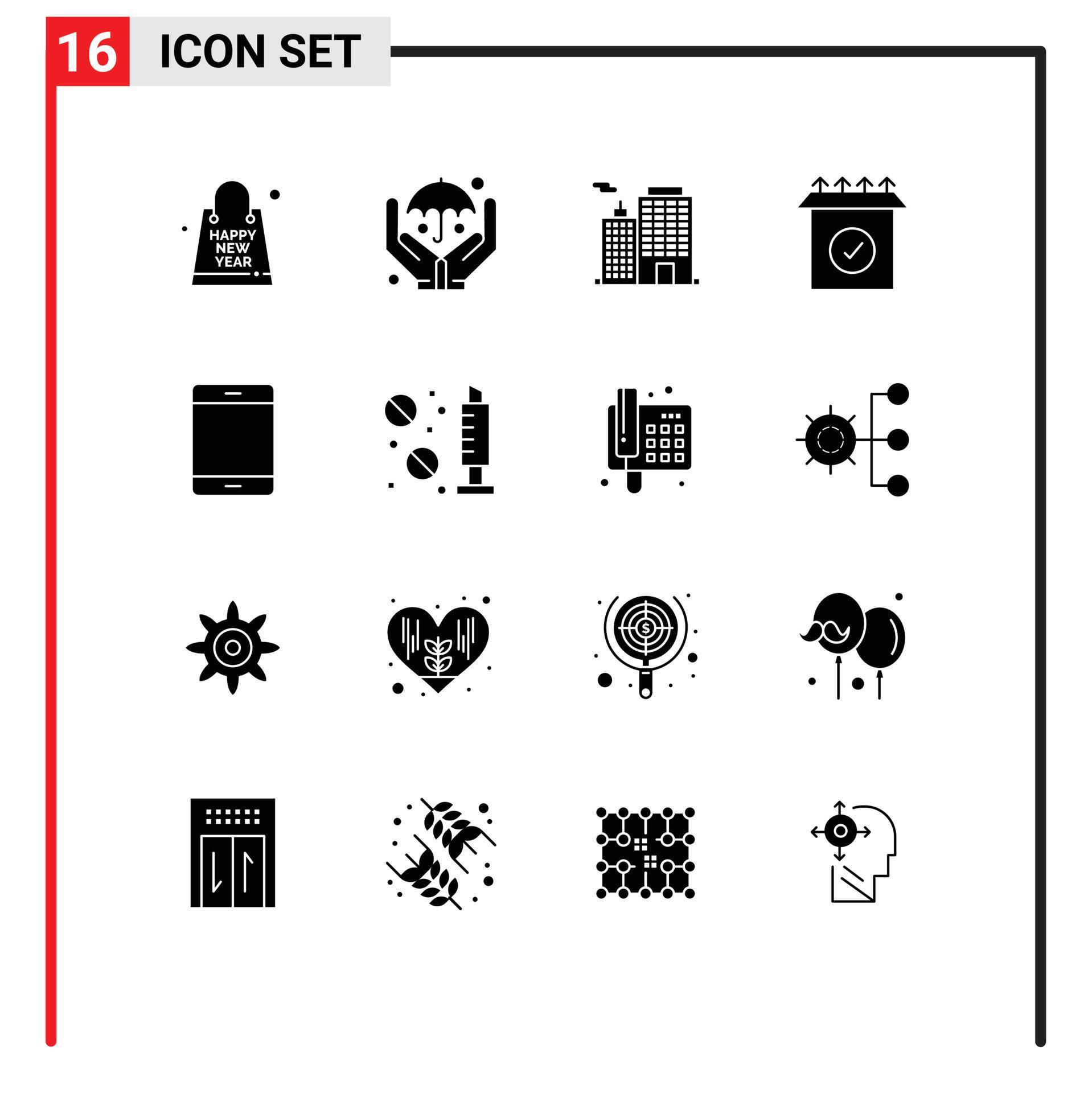 Pack of 16 creative Solid Glyphs of gadget computers building setup ...