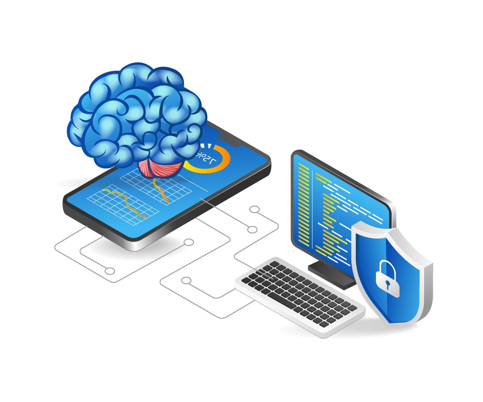 Isometric flat 3d concept illustration of artificial intelligence brain ...