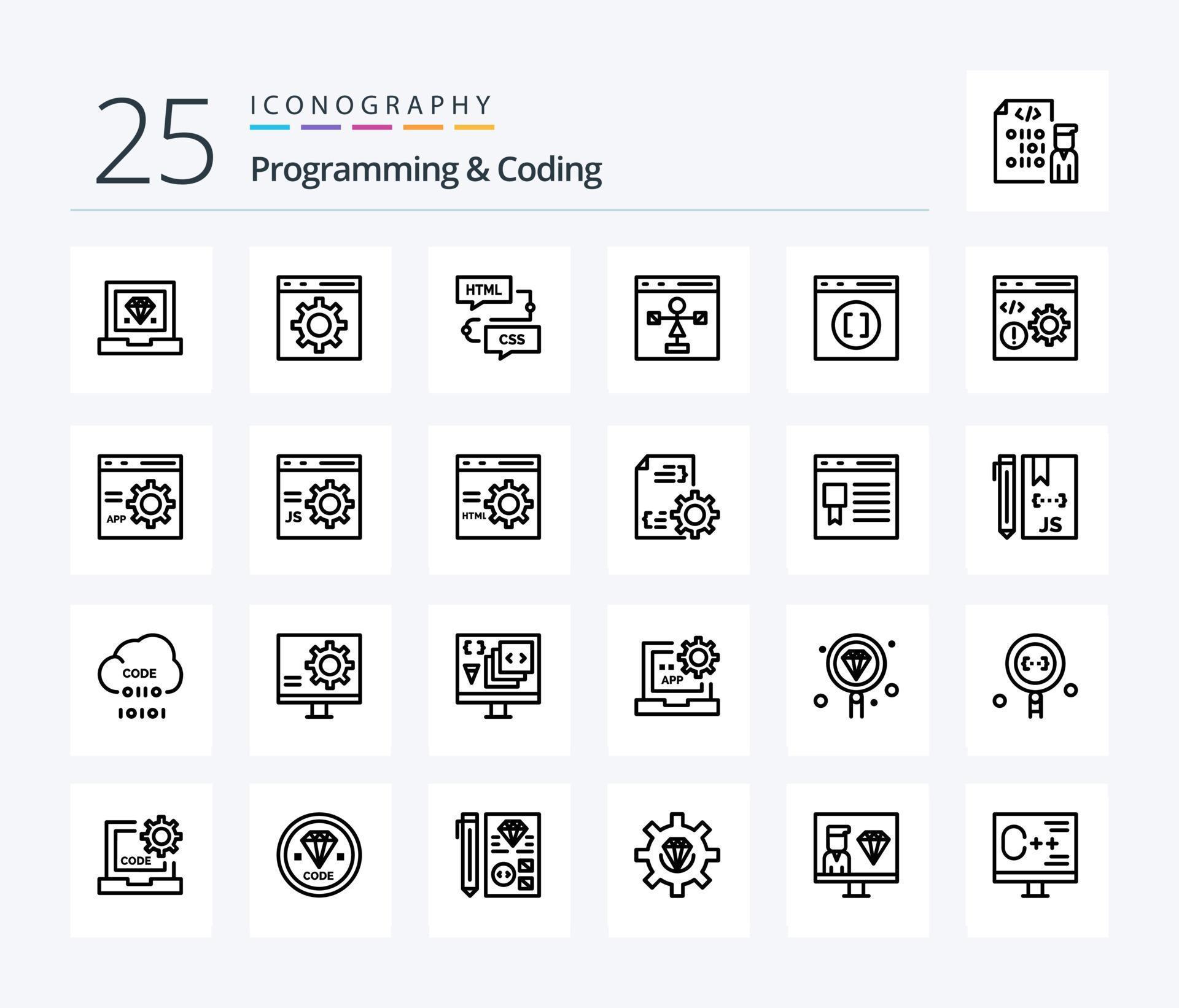 Programming And Coding 25 Line Icon Pack Including Develop Browser