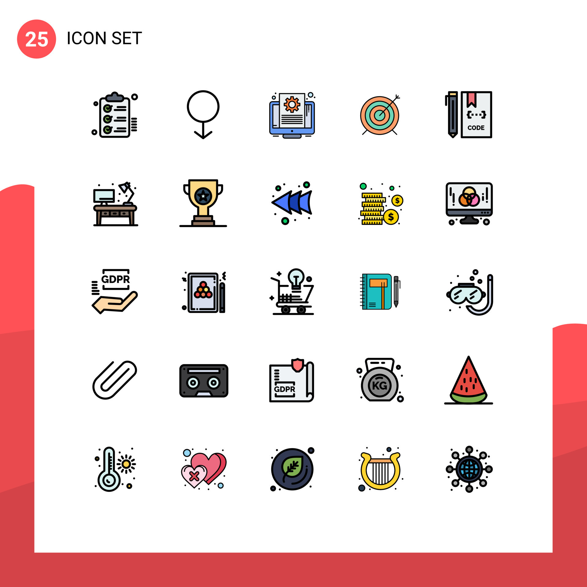 Filled line Flat Color Pack of 25 Universal Symbols of coding focus ...