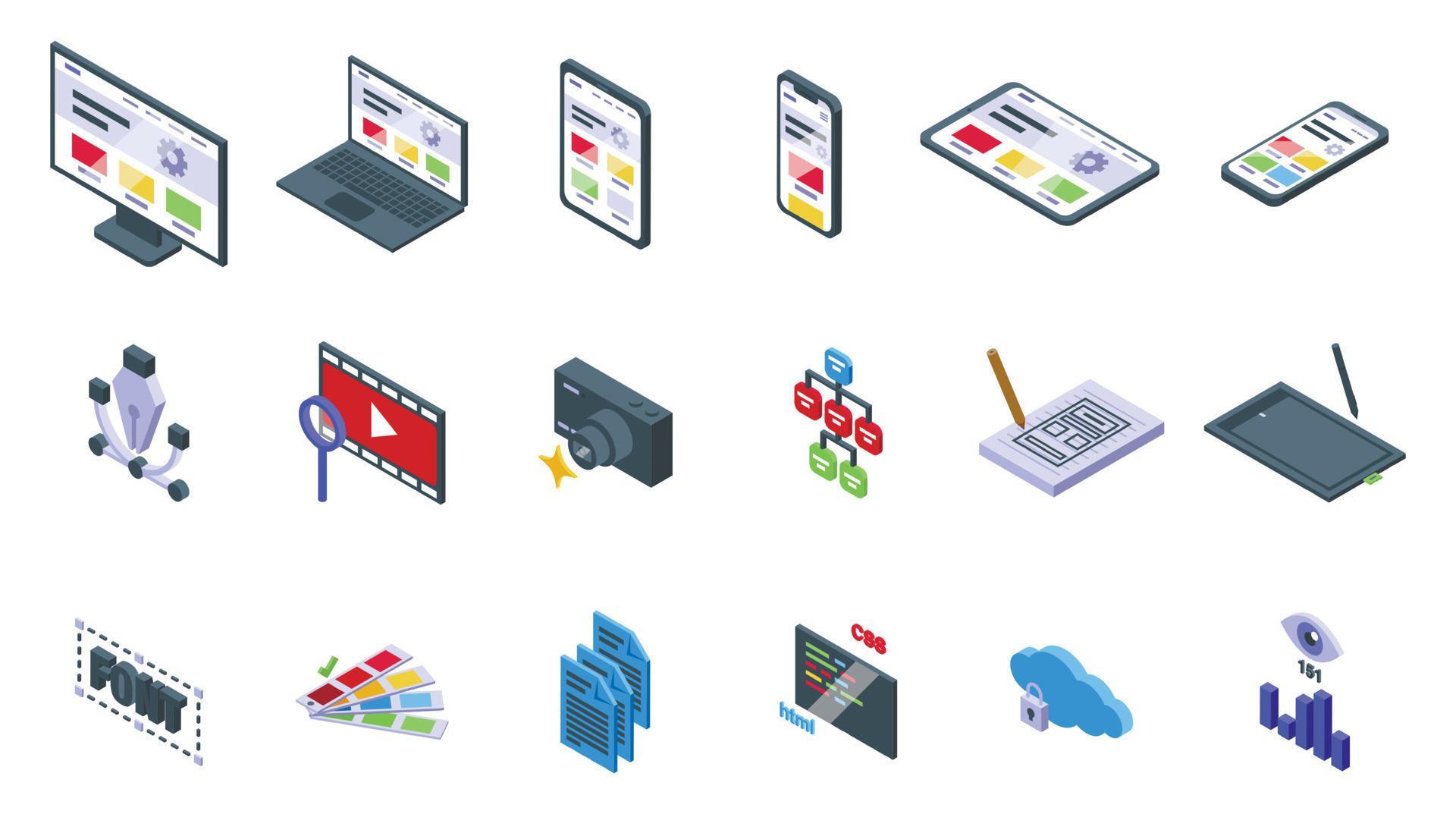 Responsive web design icons set isometric vector. Digital content ...