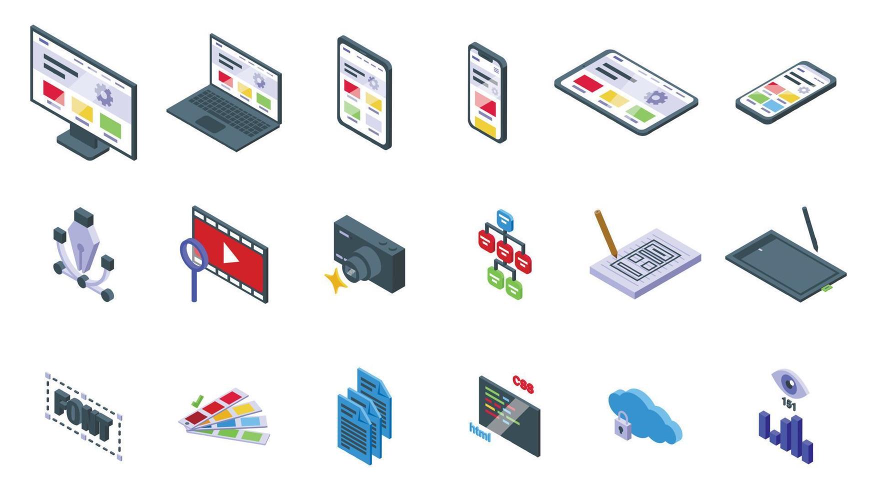 Responsive web design icons set isometric vector. Digital content ...