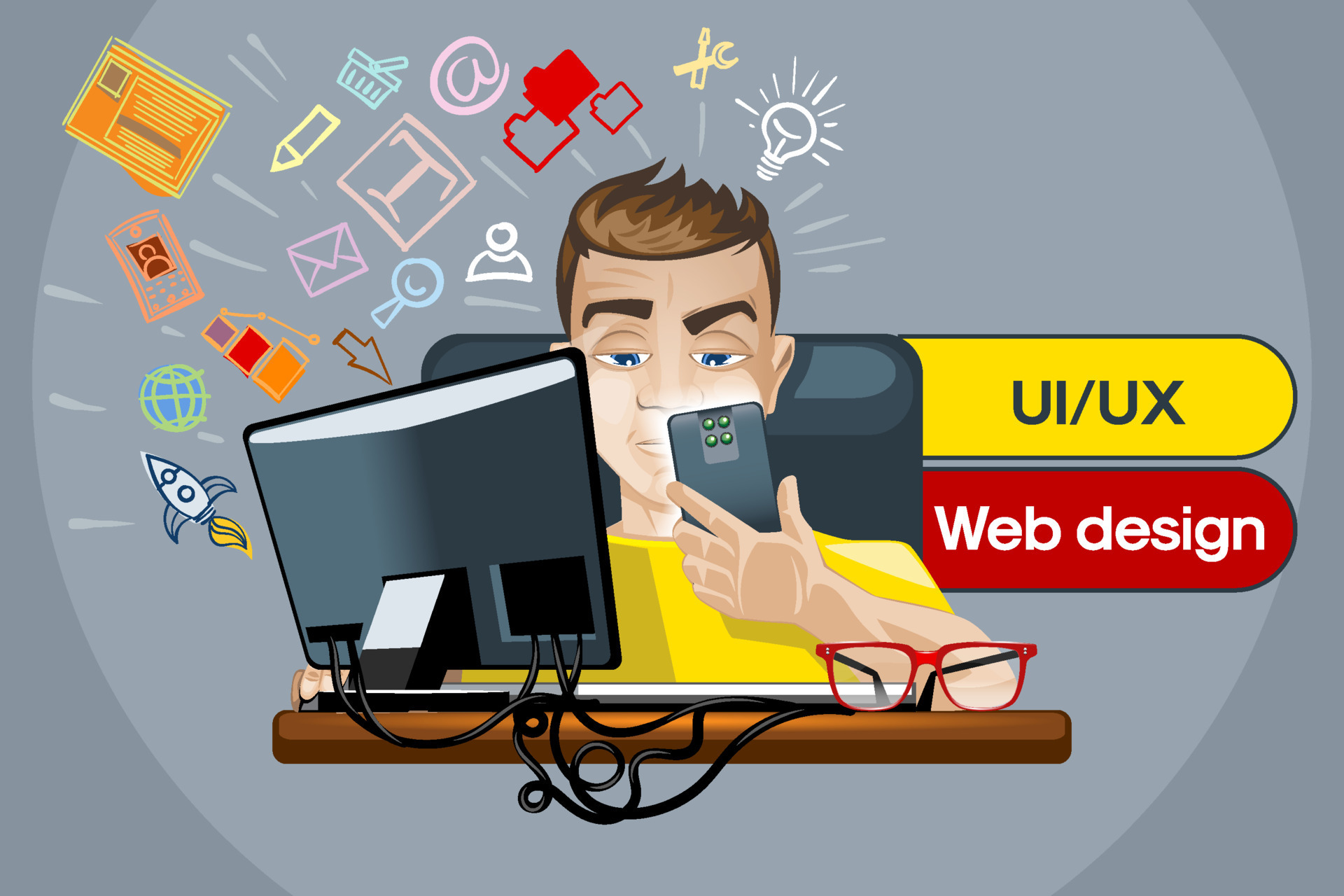 UI UX Web Designer, a guy with a phone in his hand in front of his ...