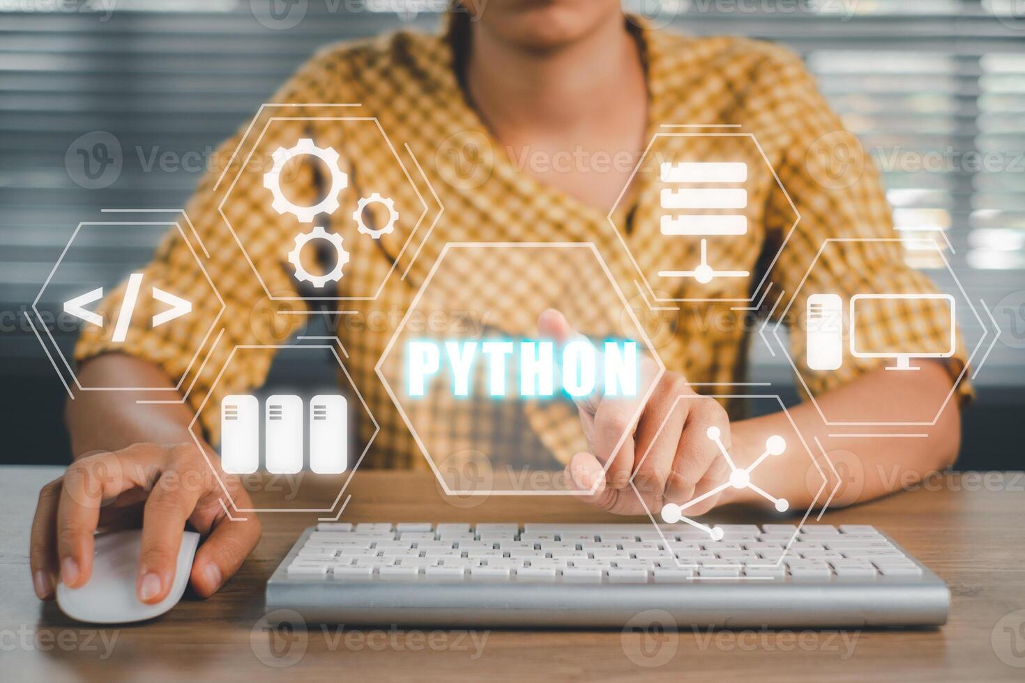 Python Programming Language Woman Using Computer With Python Programming Icon On Virtual Screen