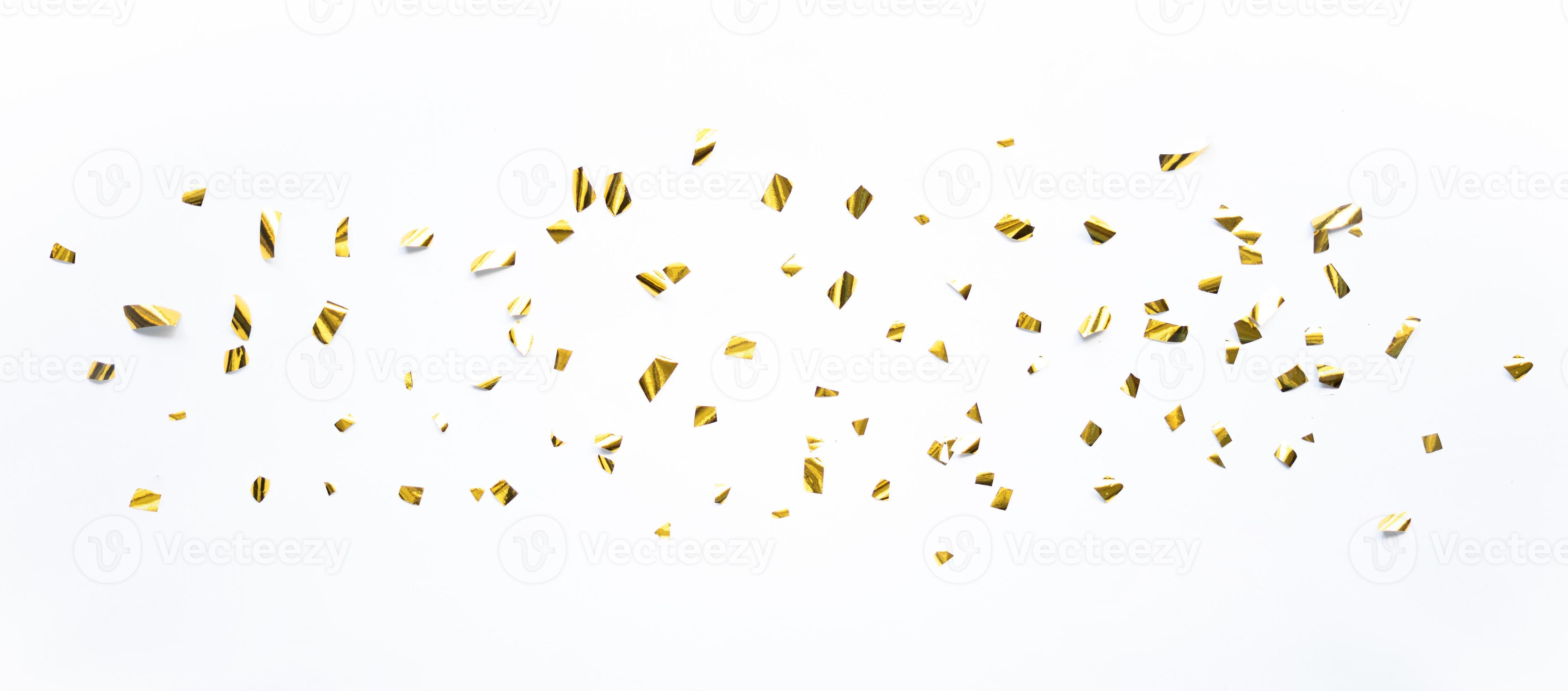 Gold confetti falls for party background. Festive glossy abstract particles for wallpaper ...