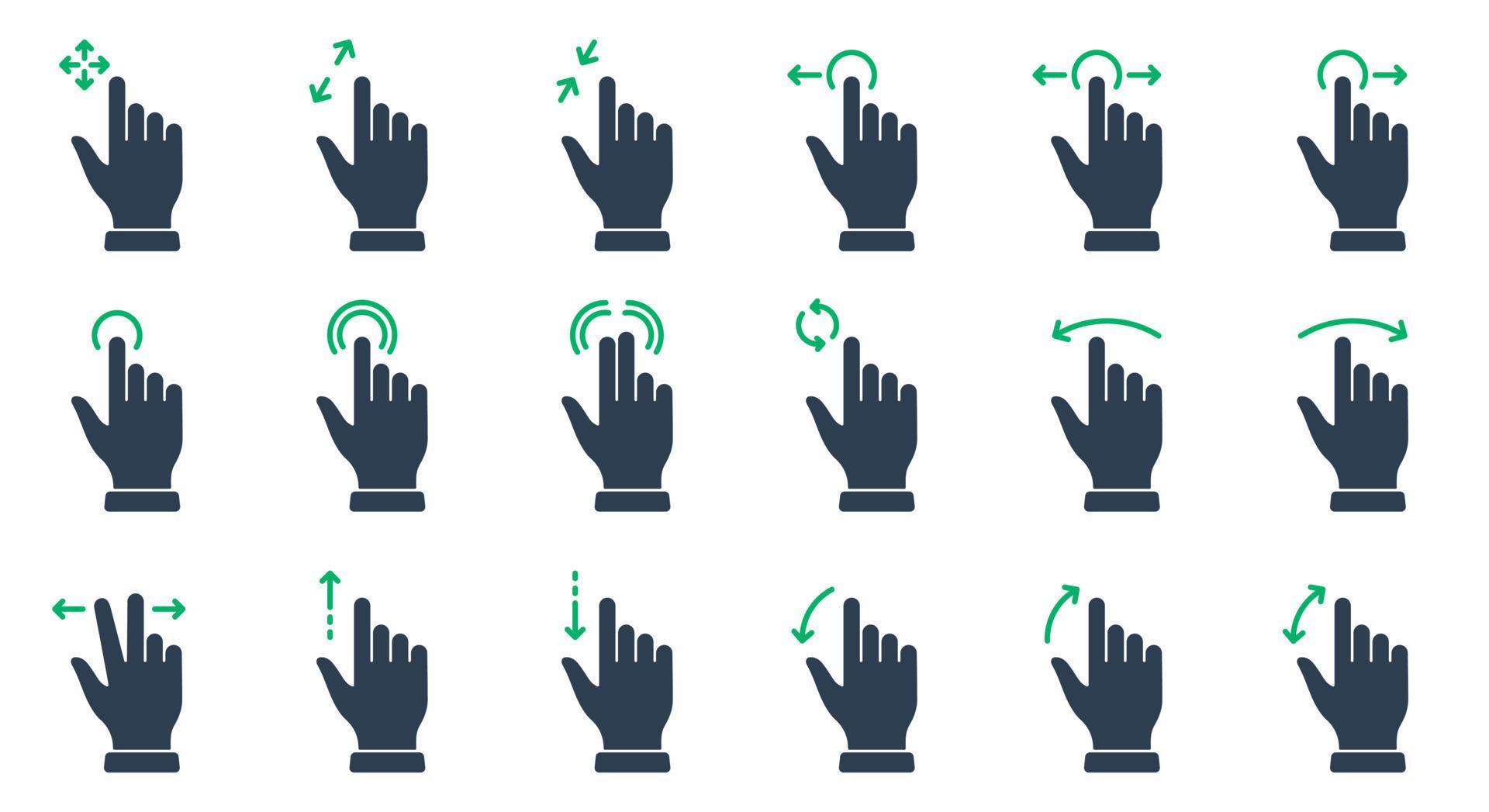 Hand Finger Touch, Swipe and Drag Silhouette Icon Set. Pinch Screen, Rotate Up on Tablet ...