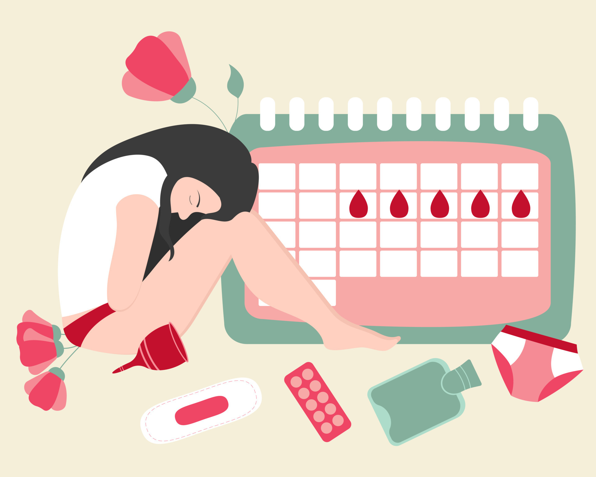 Chica Con Dolores Menstruales Ciclo De Salud De La Menstruación De Las