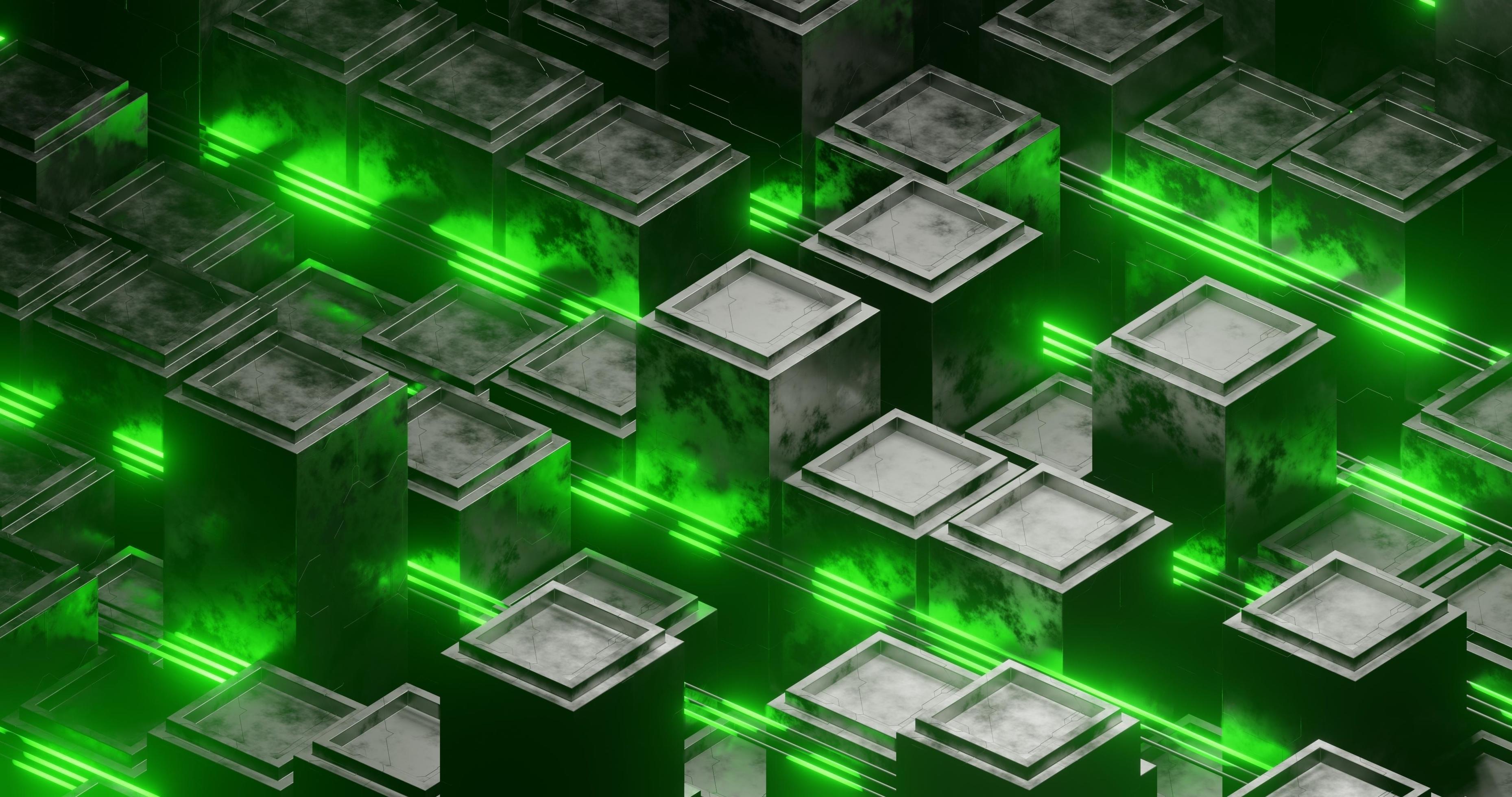 Abstract Background Using Small Cube Pattern With Metallic And Voronoi Texture Green Laser