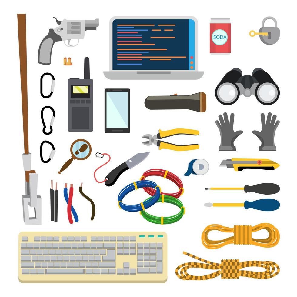 Hacker Icons Set Vector Thief Accessories Hacking Internet Social