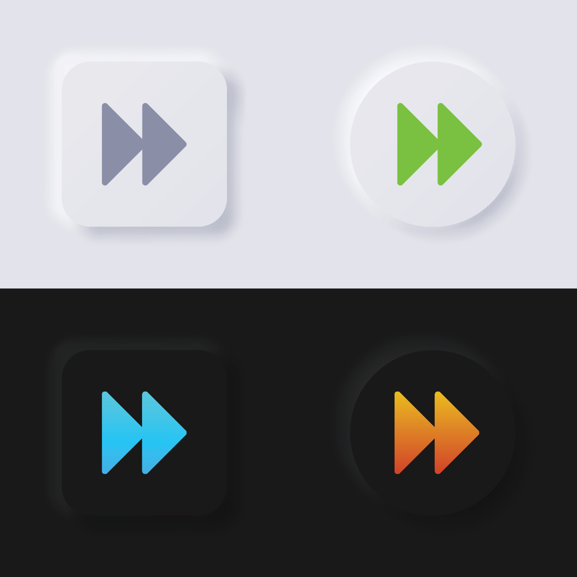 Fast forward symbol button icon set, Multicolor neumorphism button soft UI Design for Web design ...
