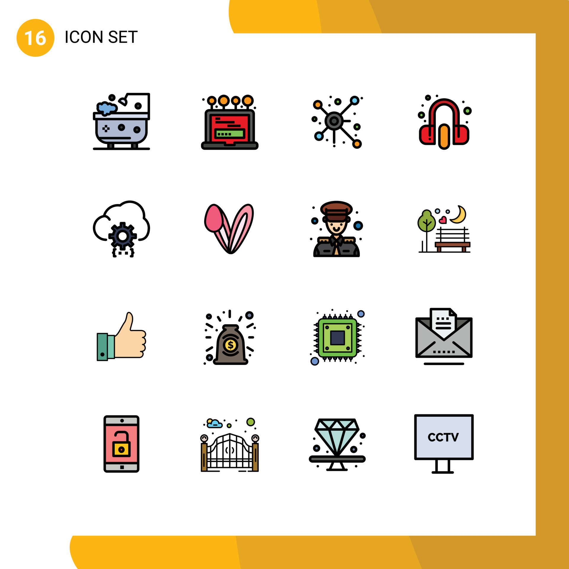 16 Universal Flat Color Filled Lines Set For Web And Mobile Applications Coding Earphone