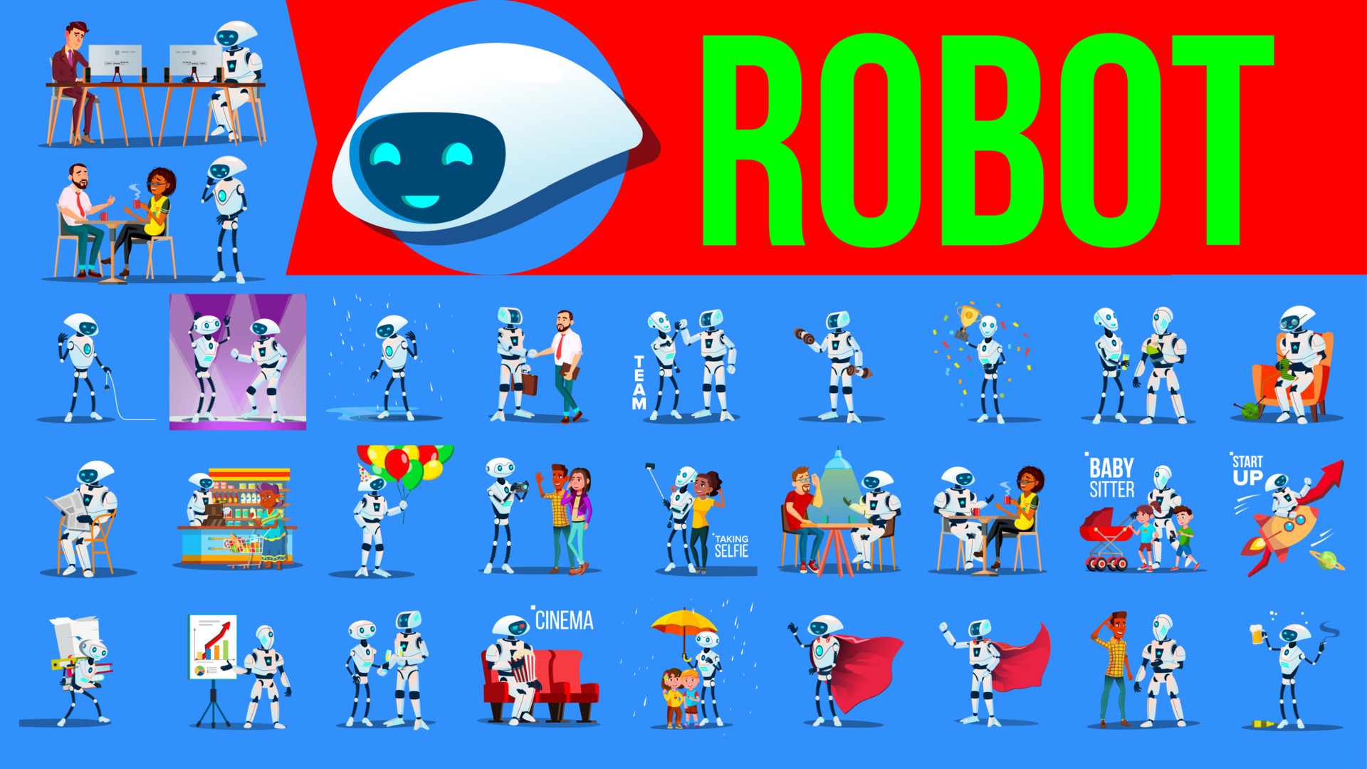 Robot Helper Set Vector. Future Lifestyle Situations. Working, Communicating Together. Cyborg ...