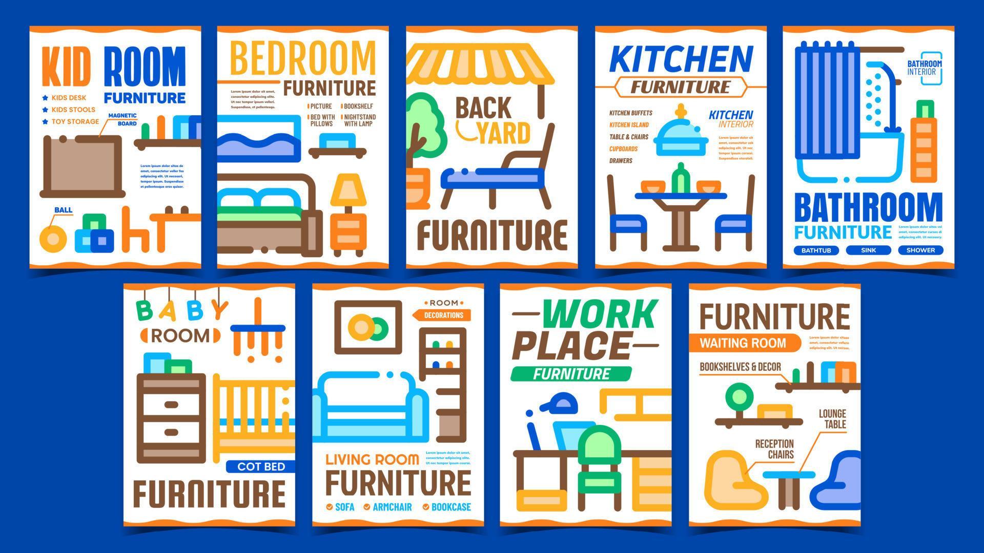 Home Rooms Furniture Promo Posters Set Vector 17391085 Vector Art at ...
