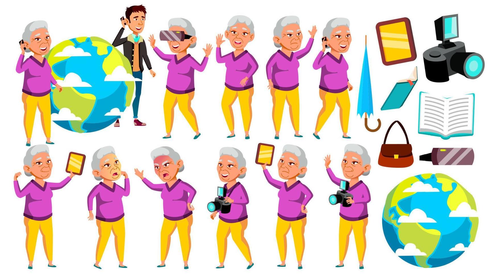 Asian Old Woman Poses Set Vector. Elderly People. Senior Person. Aged ... Asian Old Woman Poses Set Vector. Elderly People. Senior Person. Aged ...