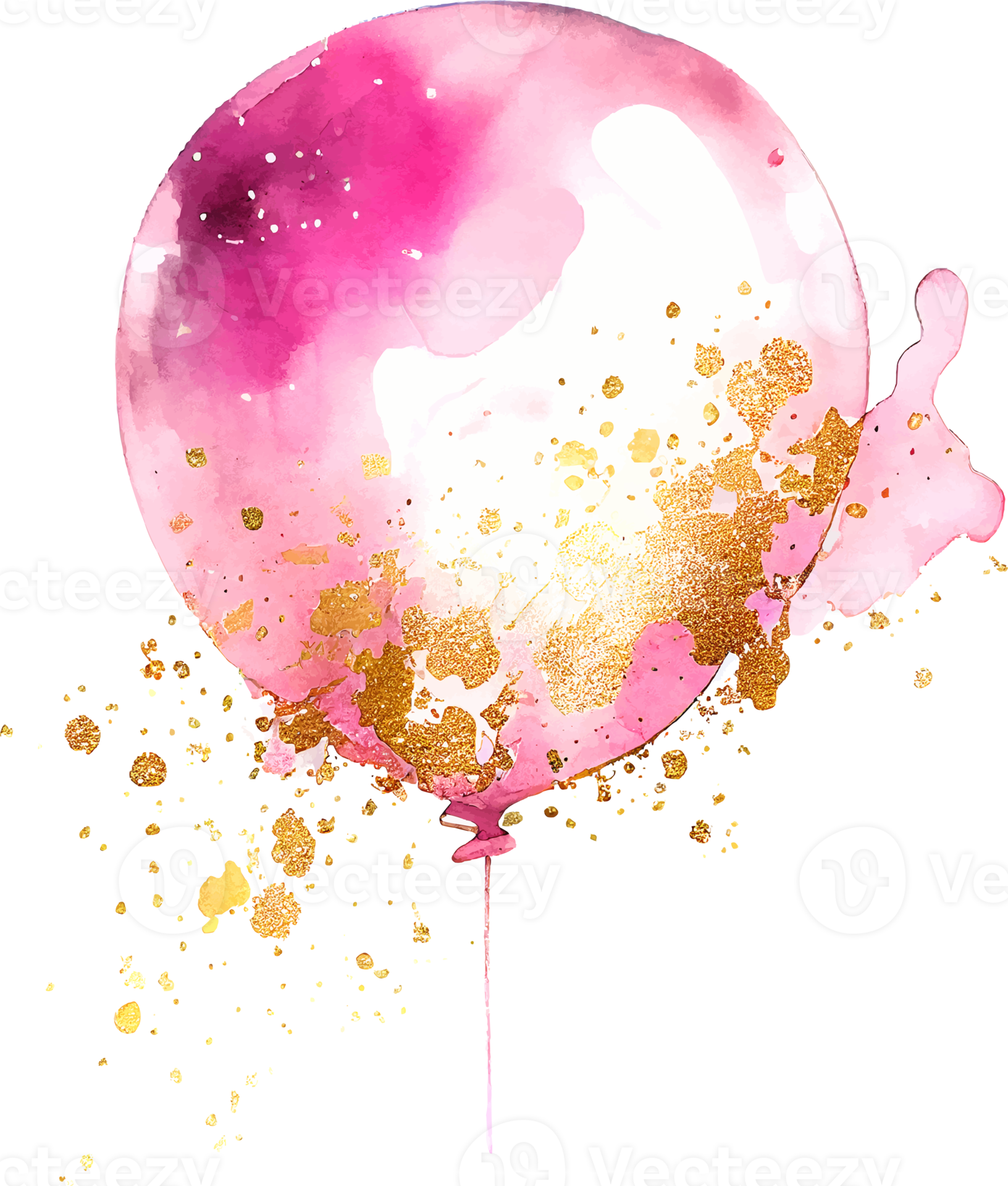 Watercolor alcohol ink pink birthday balloon with some golden glitter ...