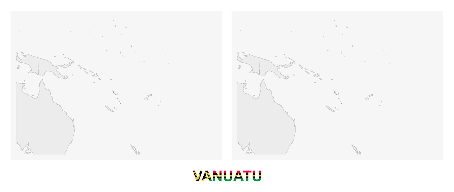 Two versions of the map of Vanuatu, with the flag of Vanuatu and highlighted in dark grey ...