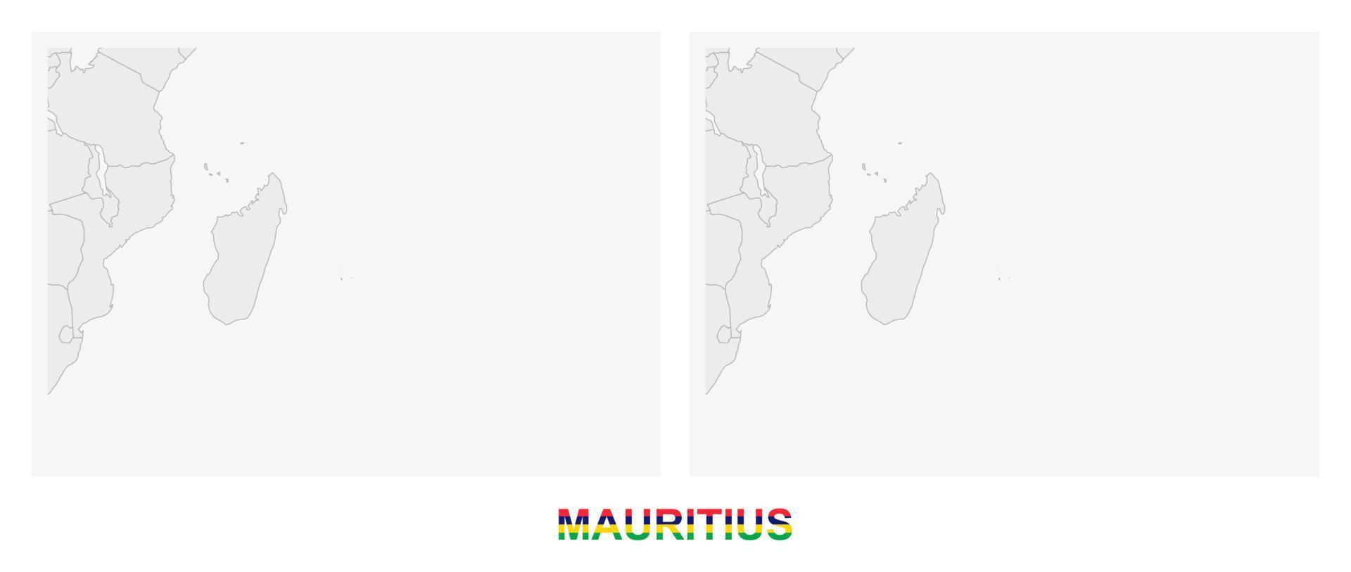 Two versions of the map of Mauritius, with the flag of Mauritius and highlighted in dark grey ...