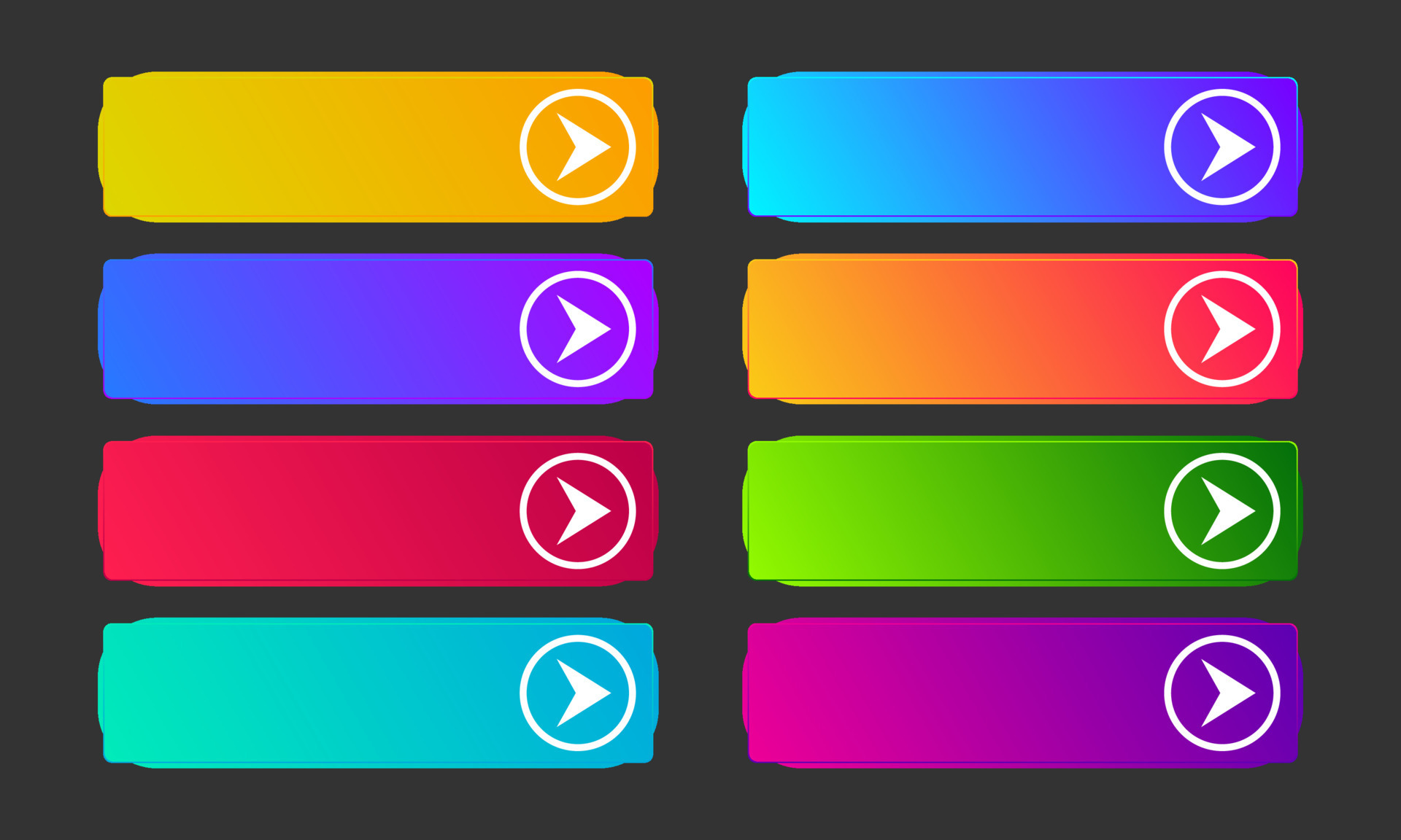 Colorful gradient buttons with arrows. Set of eight modern abstract web ...
