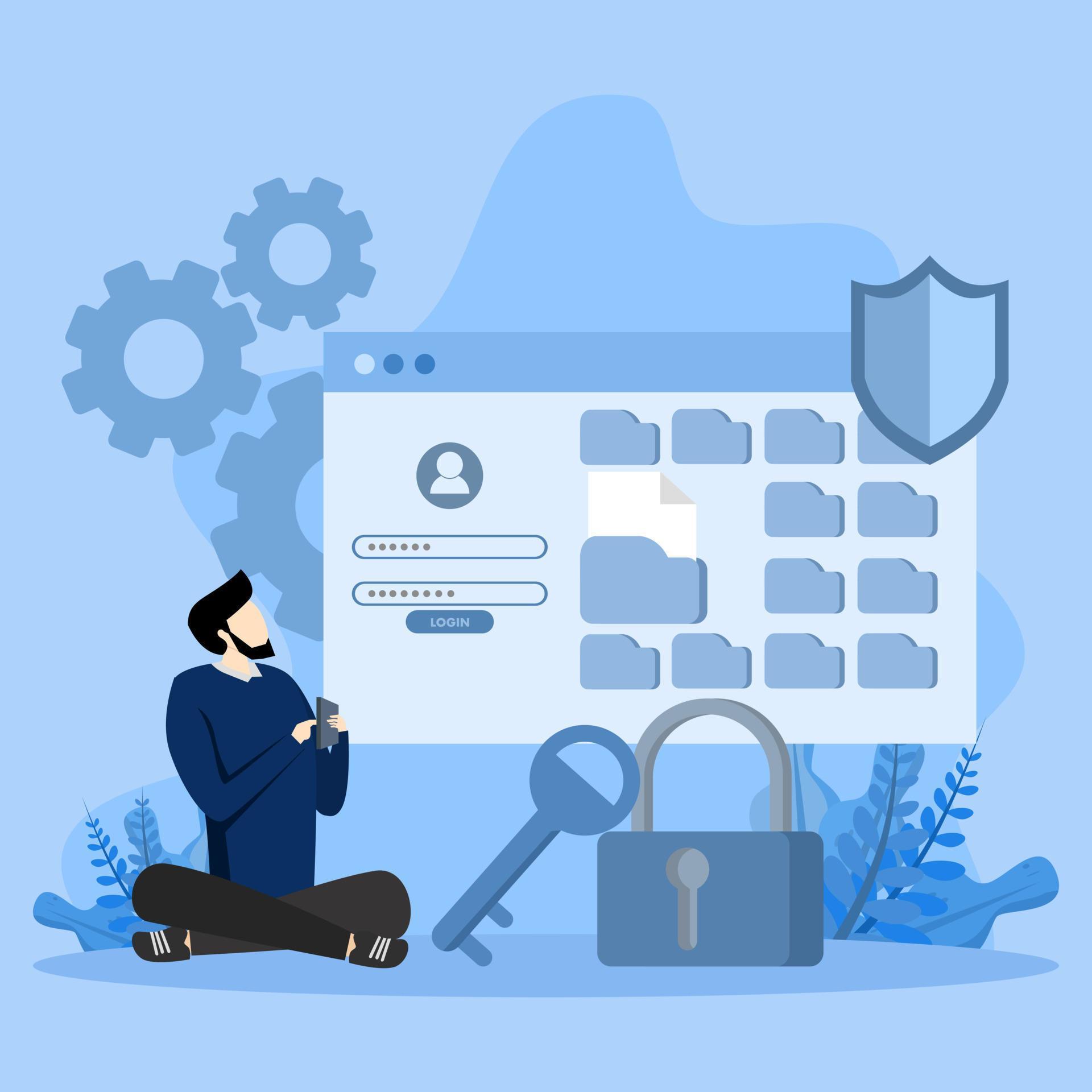 Document and data security concept. Characters use cyber security services to protect personal ...