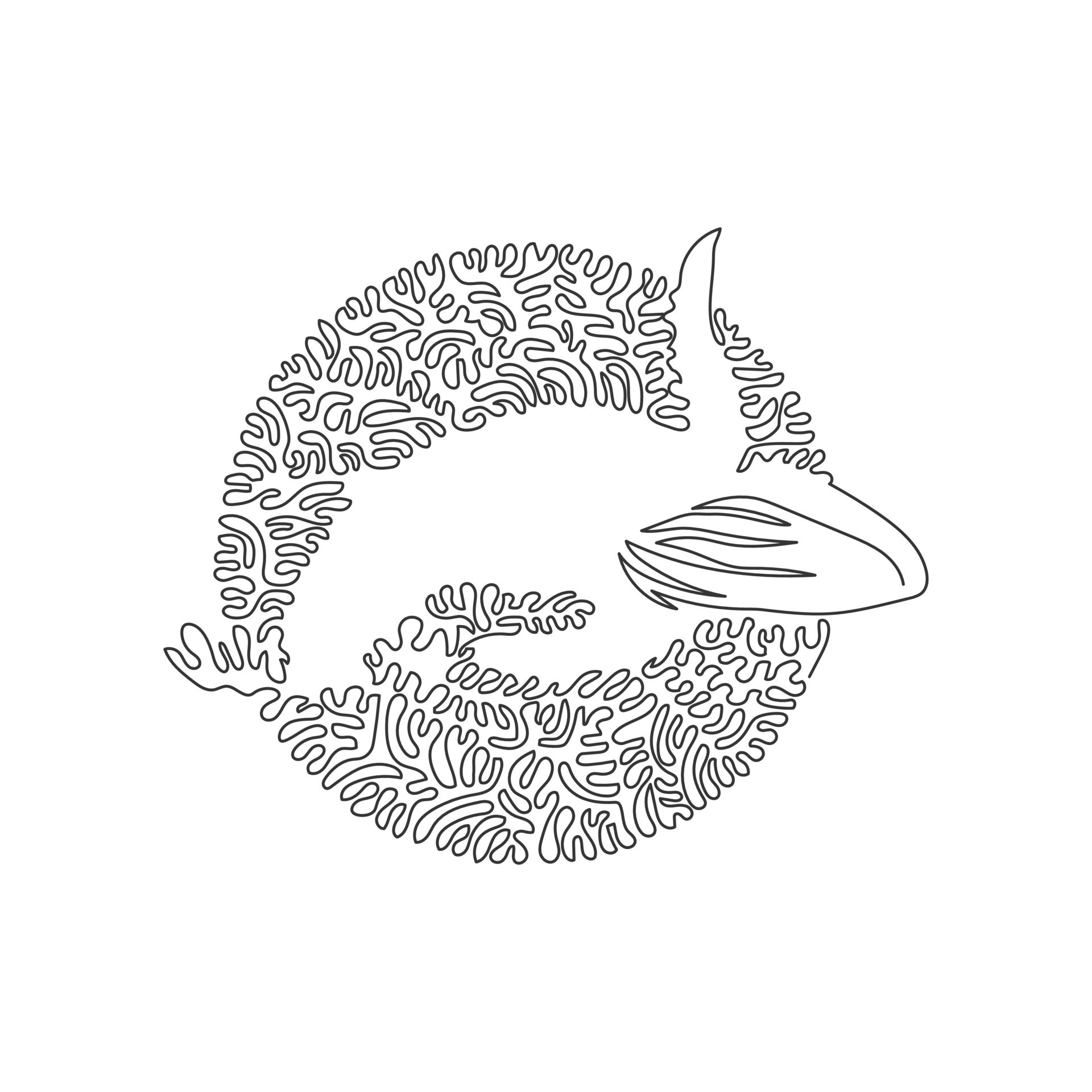 Continuous One Curve Line Drawing Of Scary Whale Abstract Art In Circle Single Line Editable