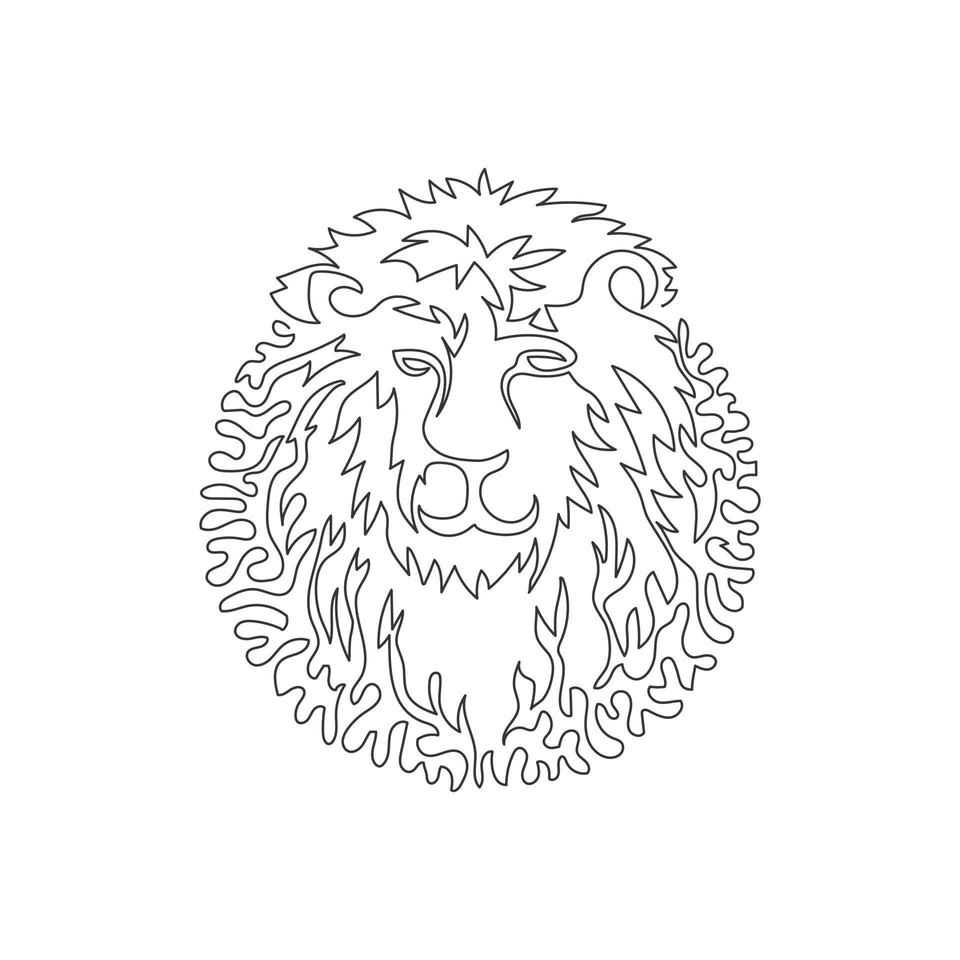 Continuous One Curve Line Drawing Of Ferocious Lion Abstract Art In Circle Single Line