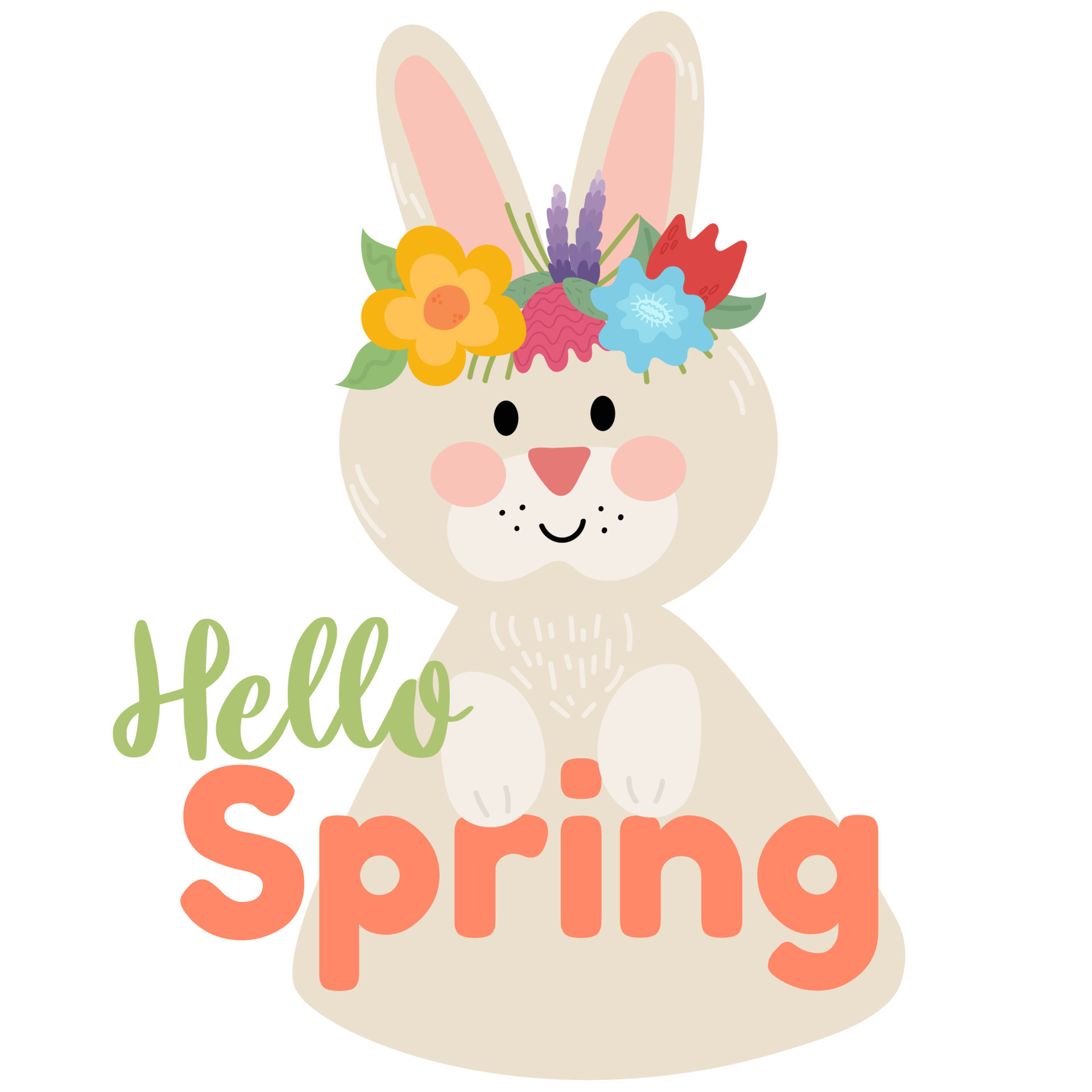 Spring cute bunny with wreath of flower. Hello spring rabbit.Hand draw ...
