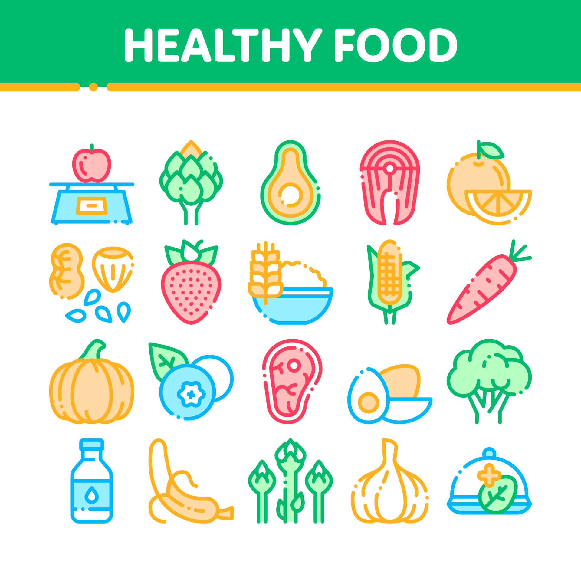 Collection Healthy Food Vector Thin Line Icons Set 17440022 Vector Art ...