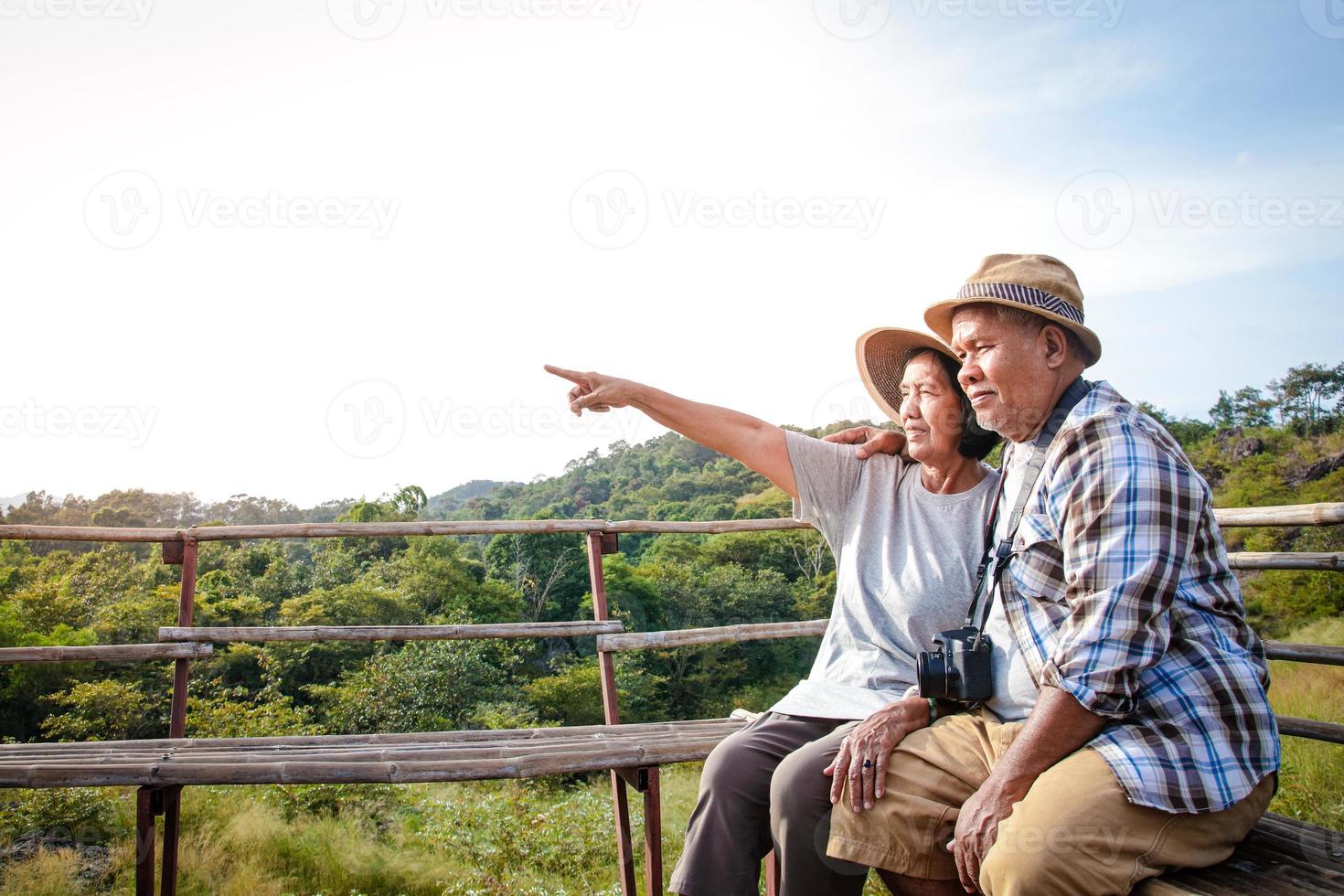 Senior Asian Couple Trekking Traveling Living A Happy Life In