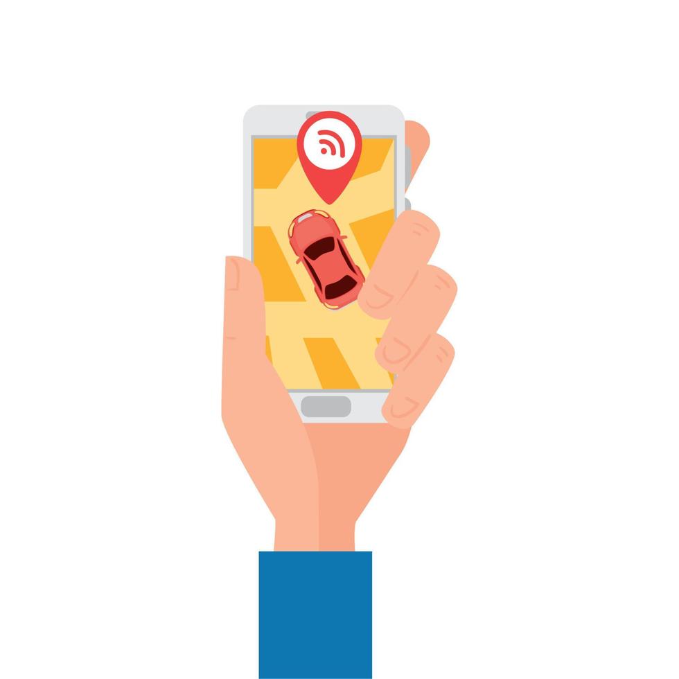 Hand holding smartphone with red car and wifi gps mark vector design ...