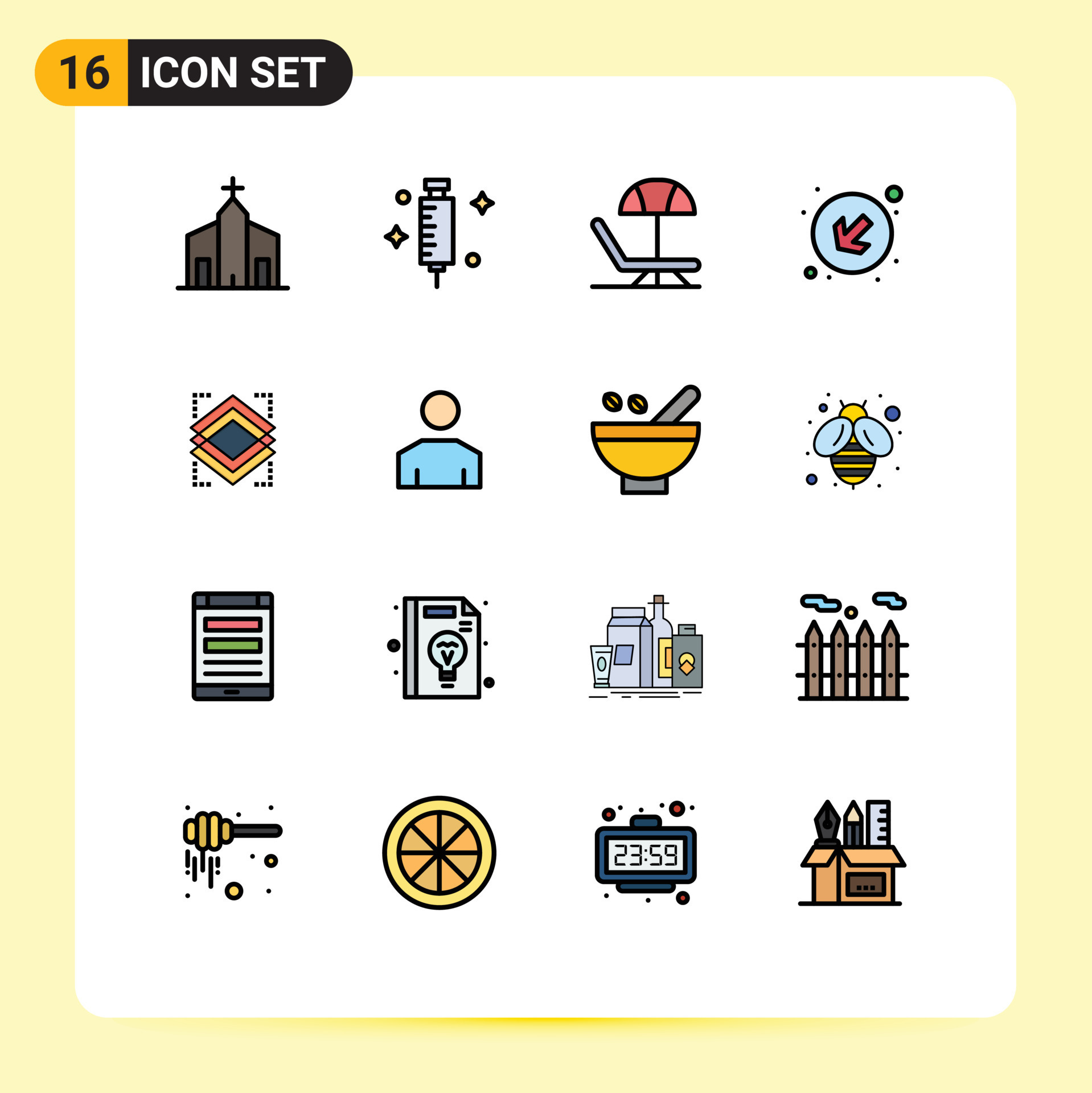 Modern Set Of 16 Flat Color Filled Lines And Symbols Such As Layer Layers Syringe Left Arrow