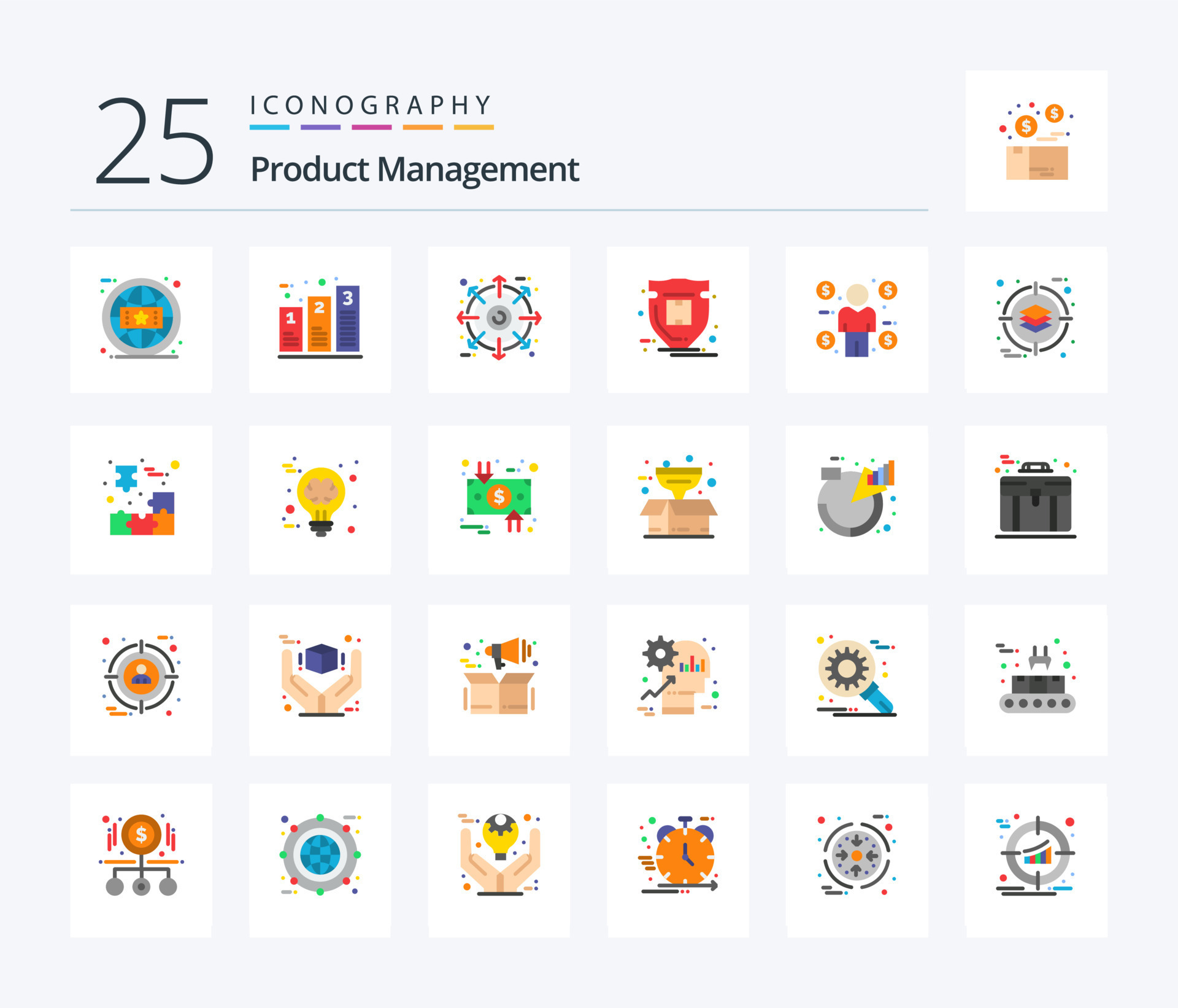 Product Management 25 Flat Color icon pack including business. shield ...