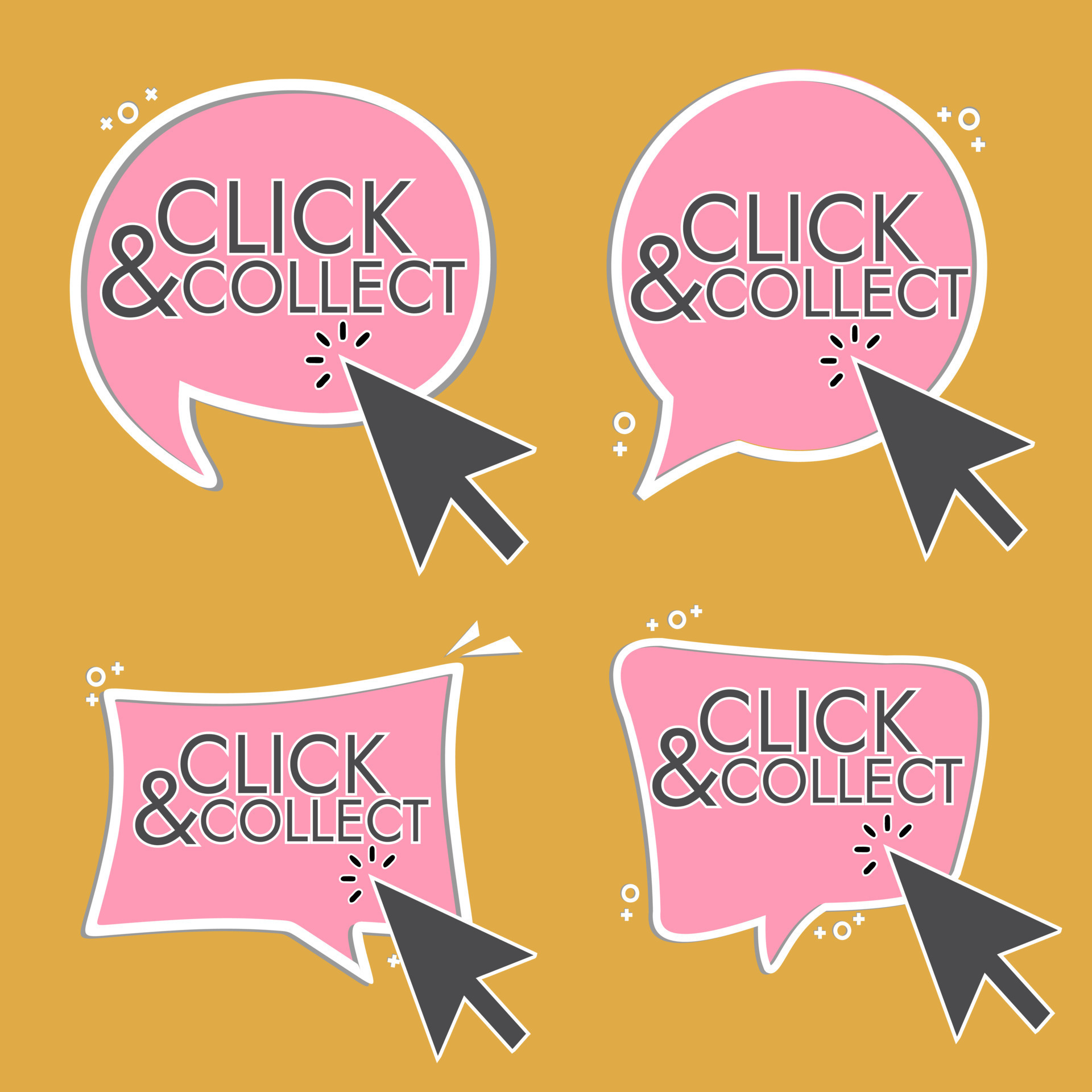 Click and collect button with cursor. Button with hand pointer clicking. Click here banner ...